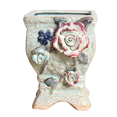 VOSAREA Hand Painted Square Succulent Planter Cactus Planter Pot Bonsai Pot Clay Pot Flower Pot Floral Design Random Color