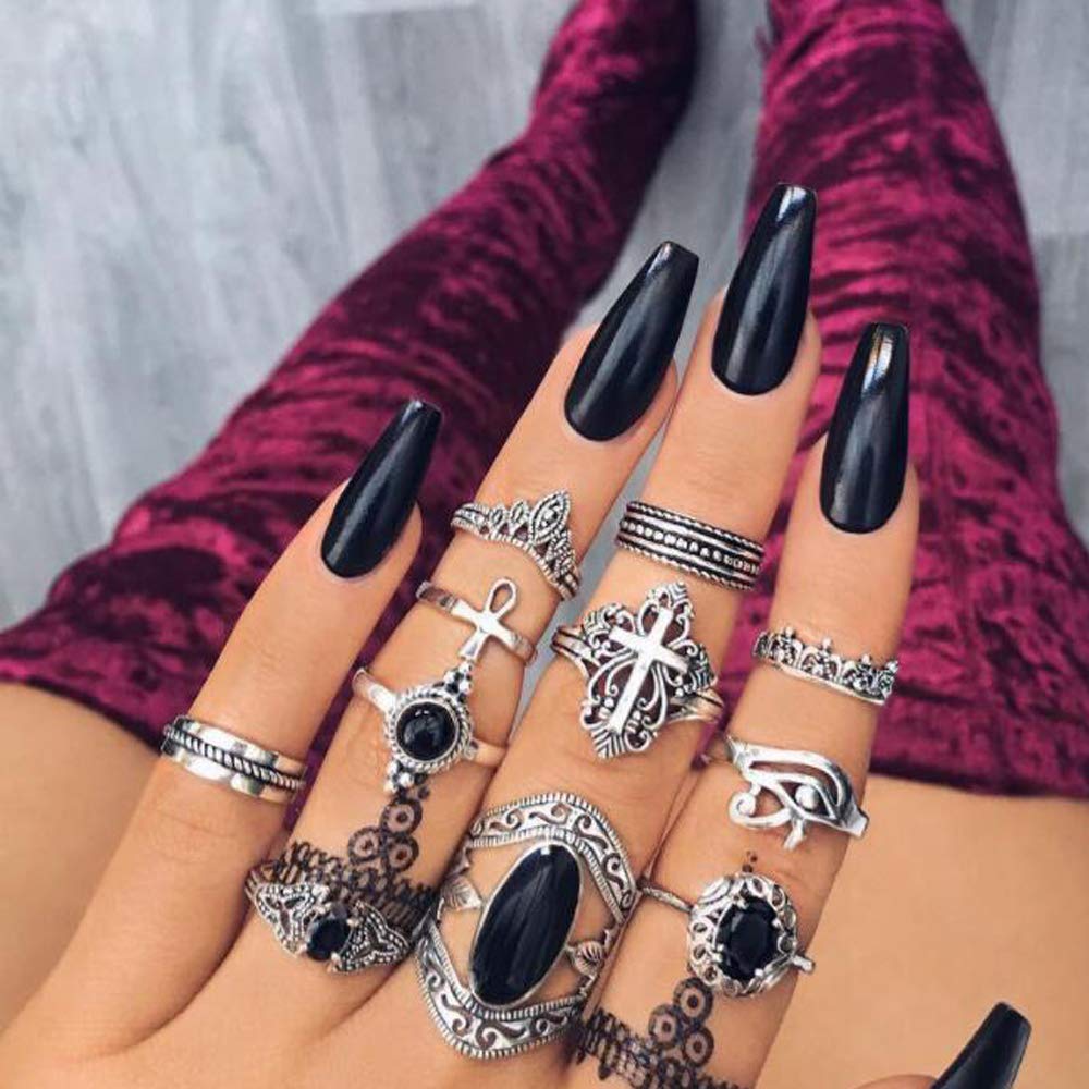 Missgrace Bohemian Retro Vintage Crystal Knuckle Ring Sets Simple Finger Black Stone Rings Midi Ring Set for Women 11Pcs (Style 5)