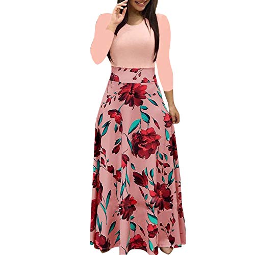 Pinkpaopao Swing Maxi Dress for Women Long Sleeve Patchwork Empire Waisted Long Dress Pattern Print Pleated Dress