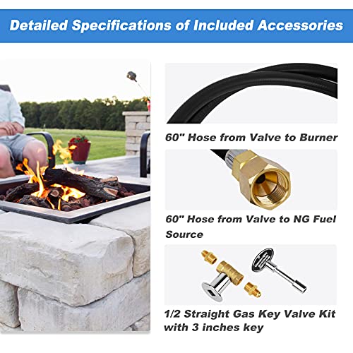 Skyflame Natural Gas Connection Hose, Complete NG Fire Pit Installation Kit from Burner to Natural Gas, Includes 1/2" Control Valve Key Set, 2 PCS 60" Connect Hoses