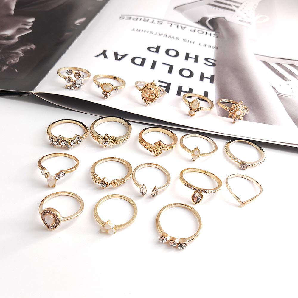 Missgrace Vintage Boho Rings Crystal Rhinestones Joint Knuckle Stackable Ring Set with Cresent Punk Snake Stacking Midi Finger Rings for Women and Girls (Style 6)