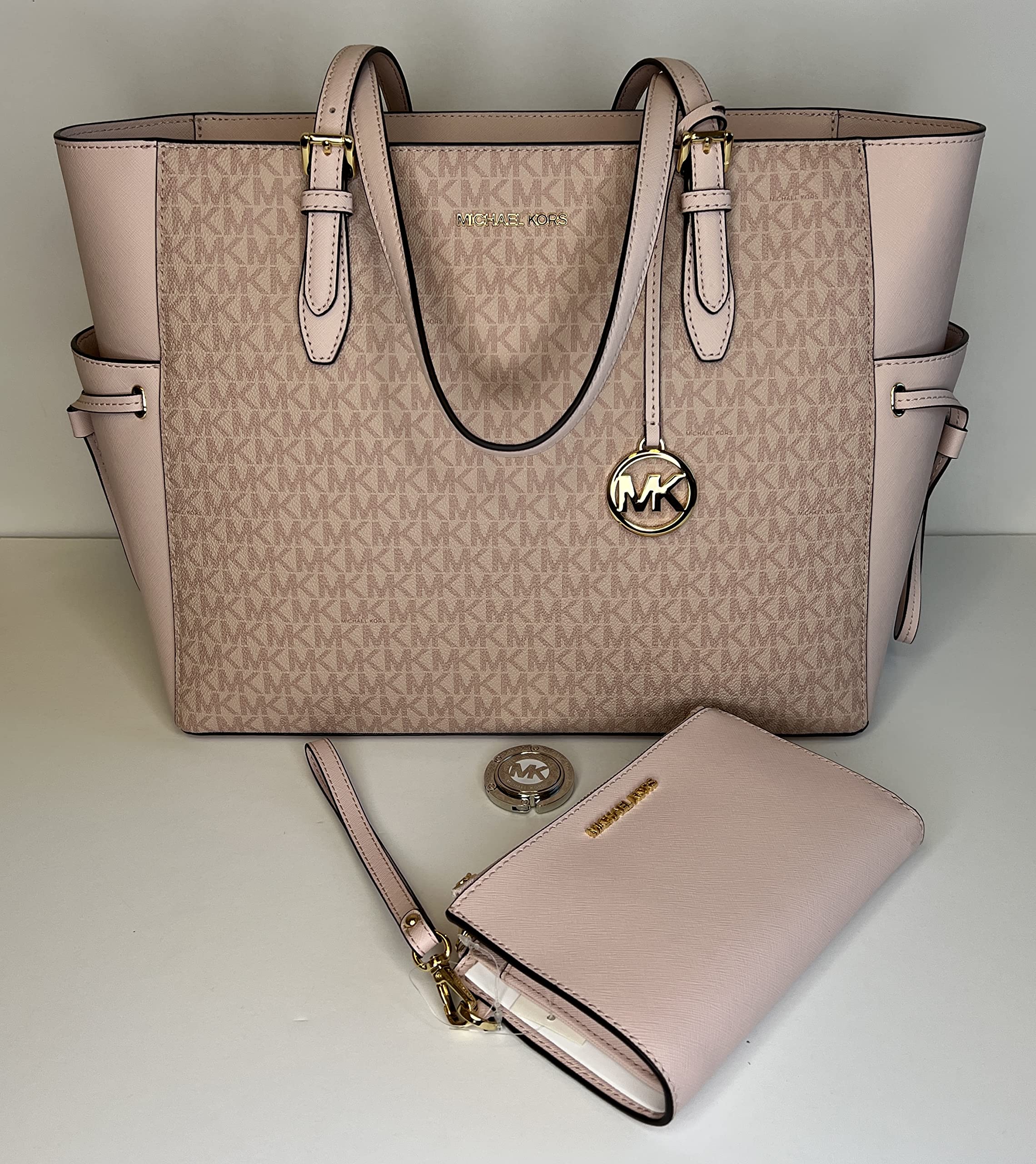 Michael Kors MICHAEL Michel Kors Gilly Large Drawstring Travel Tote bundled with Double Zip Wristlet Purse Hook (Signature MK Pink)