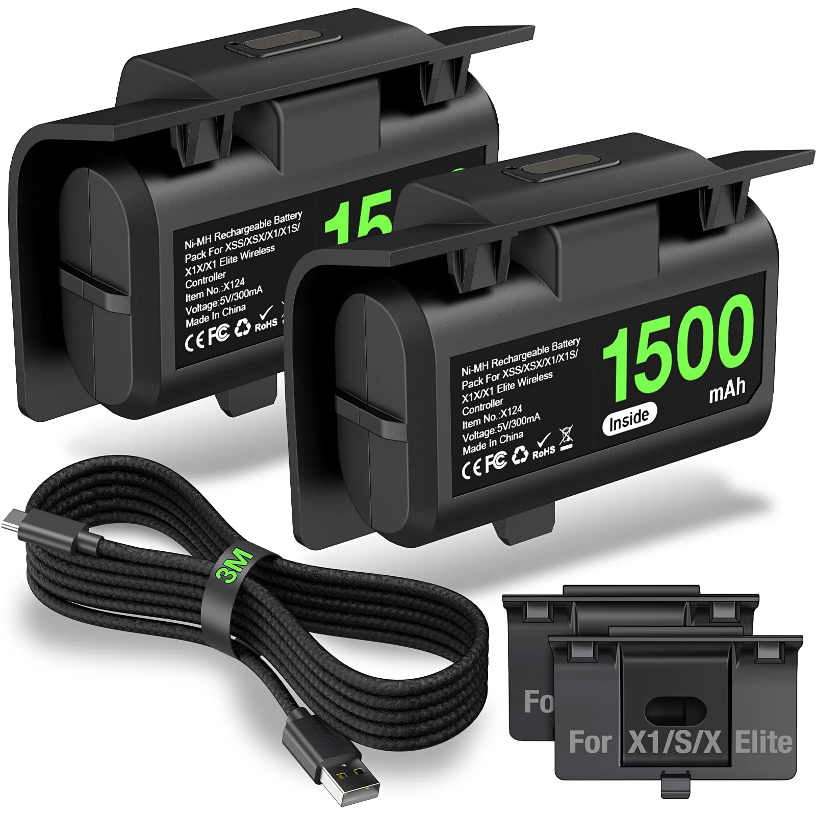 Rechargeable Battery Pack for Xbox One/Xbox Series X|S with 2x1500mAh Controller Battery Pack, Series X|S Rechargeable Battery Play&Charge Kit with 10ft Charging Cable & 4 Battery Covers