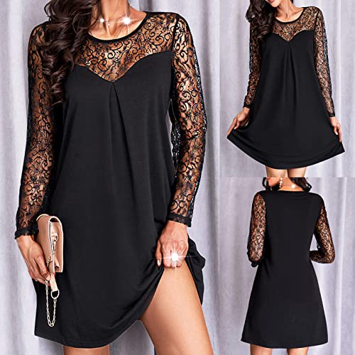 Pinkpaopao Women Long Sleeve Tunic Dress Solid Color Mesh Hollow Out Long Sleeve Loose Shift Dress