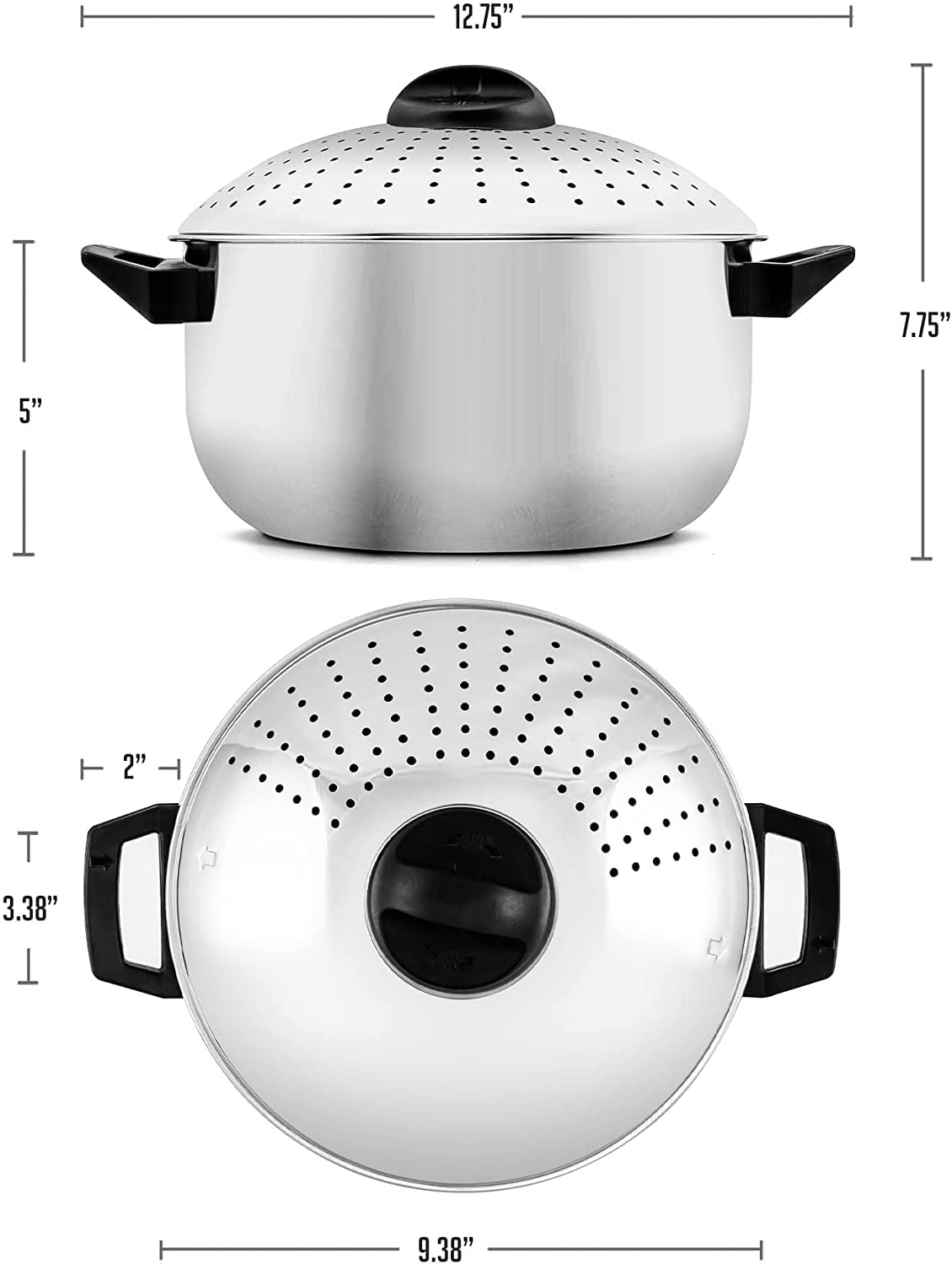 Ovente 4.8 Quart Stovetop Stainless Steel Pasta Pot with Strainer Lid & Locking Feature, Easy Storage and Pour Safe with Cool Touch Handles Perfect for Cooking Noodle Veggie or Sauce, Silver CW15131S