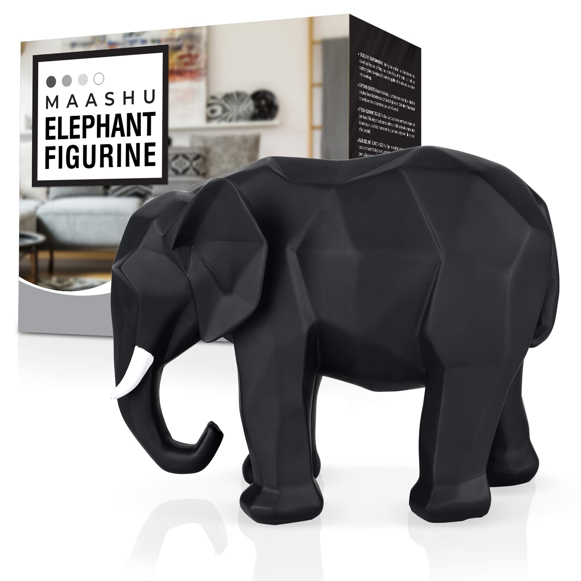 maashu Home Décor Elephant Statue, Interior Design Modern Figurine, Black Geometric Boho Chic Hand Sculpture, Large Good Luck Feng Shui Outdoor Garden Animal, Smooth Texture with Matte Finish