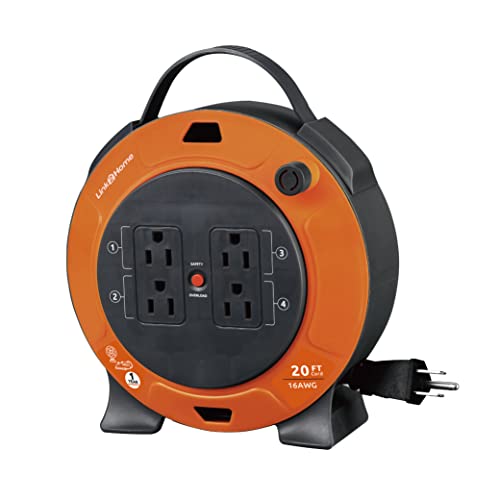 Link2Home Heavy Duty Retractable Extension Cord Reel 20 Ft. With 4 Outlets & 16AWG 3-Prong SJT Cord