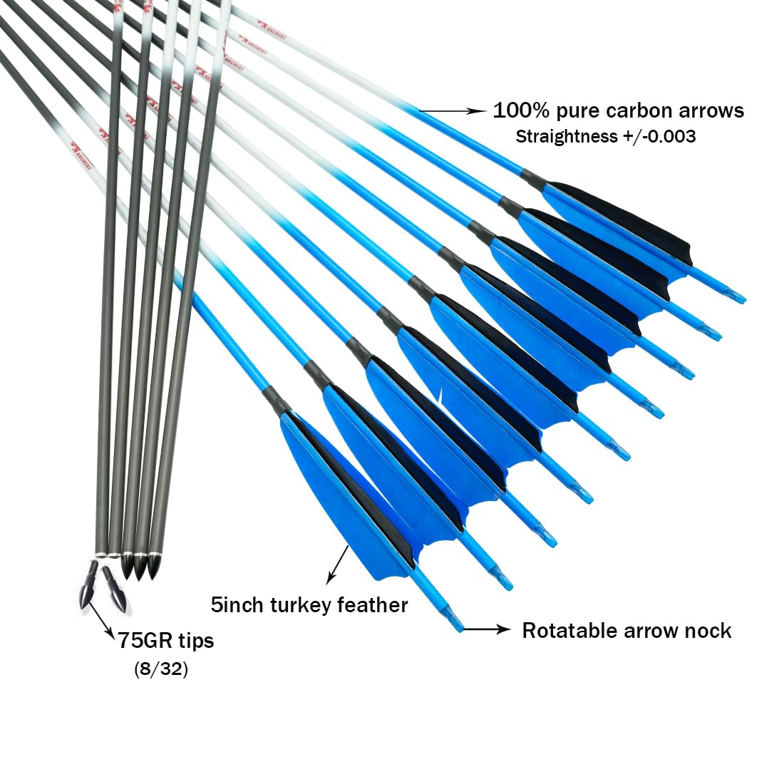 Linkboy Archery Carbon Arrows Hunting Practice Target Arrows Fluorescent with Removable Tip for Compound Recurve Long Bows, Spine 250 300 340 400 500 600 700 800, Pack of 6/12PCS