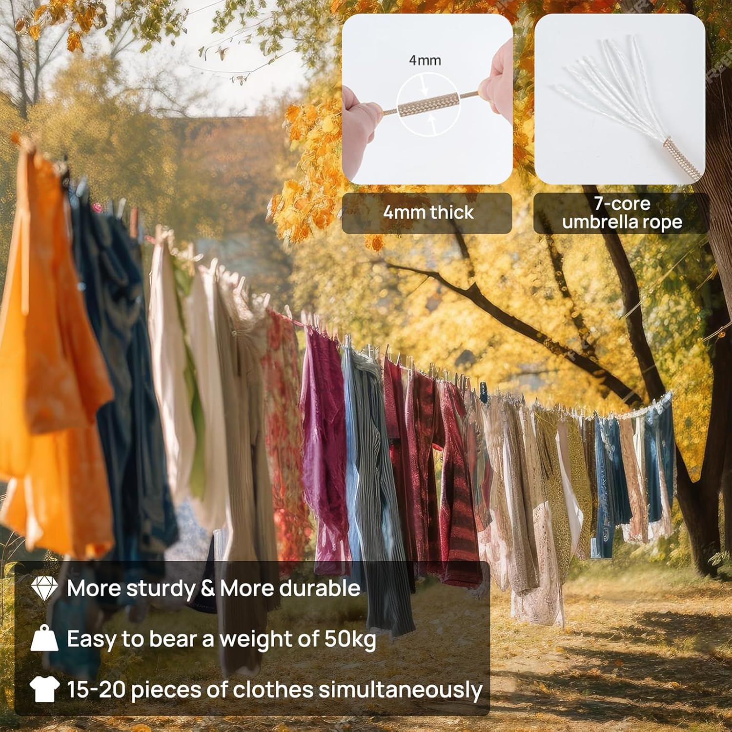 Zmains Retractable Clothesline Outdoor, Adjustable 32.8ft Travel Clothesline Portable Clothesline for Outdoor/Indoor Laundry Rope with 10pcs Stoppers 20pcs Windproof Clothespins 4pcs Hooks