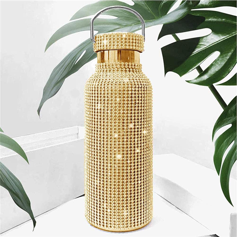 QIANSHENG Bling Diamond Water Bottle Sparkling Glitter Stainless Steel Thermos Bottle Vacuum Flask for Women Refillable Insulated Water Bottle with Chain & Gift Box (Gold,350ml)