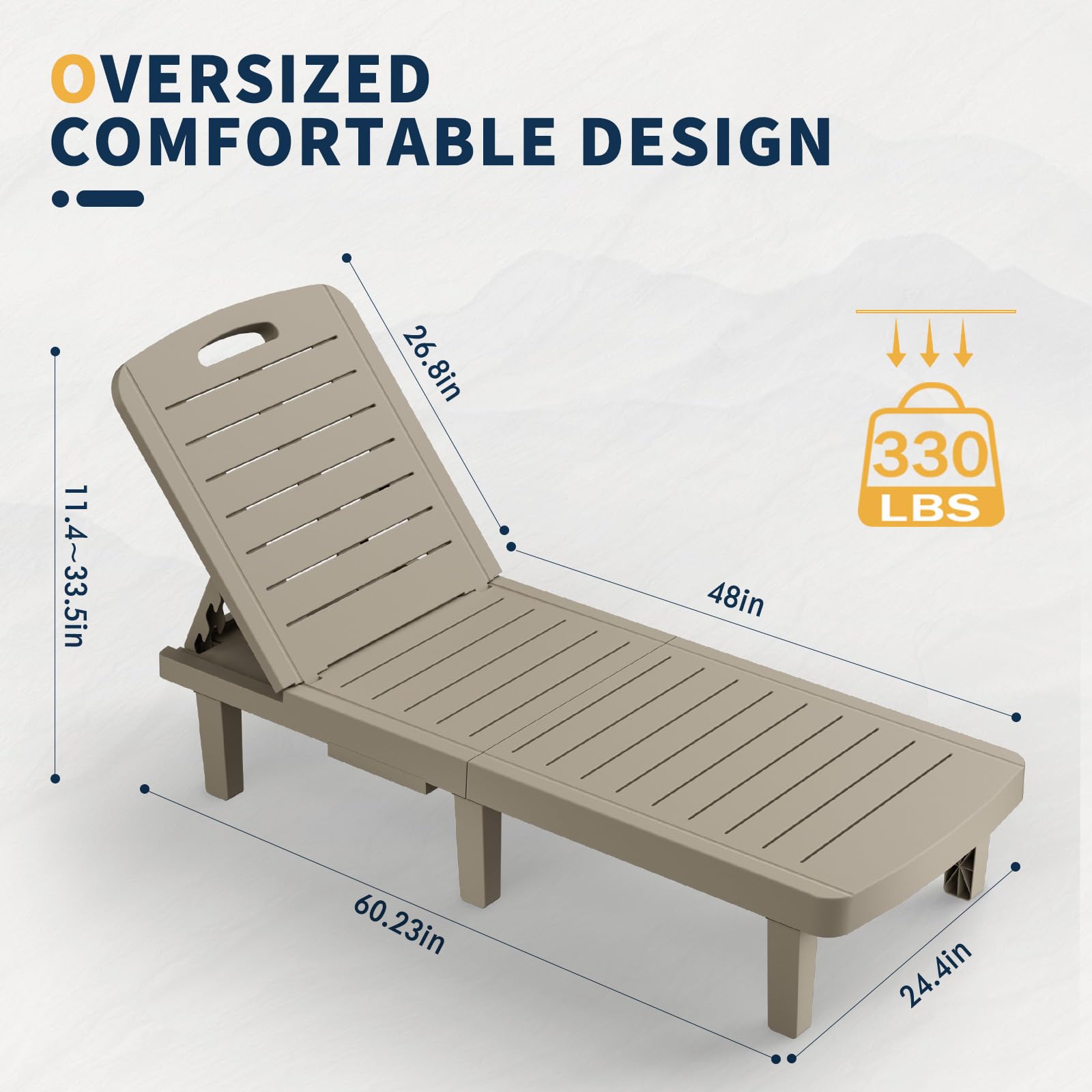 VONZOY Oversized Outdoor Chaise Lounge Chairs Set of 2,Patio Lounge Chair with Adjustable Backrest, Pool Chaise Lounge with Cup Holder, Resin Chair for Poolside, Beach, Garden and Yard - Grey