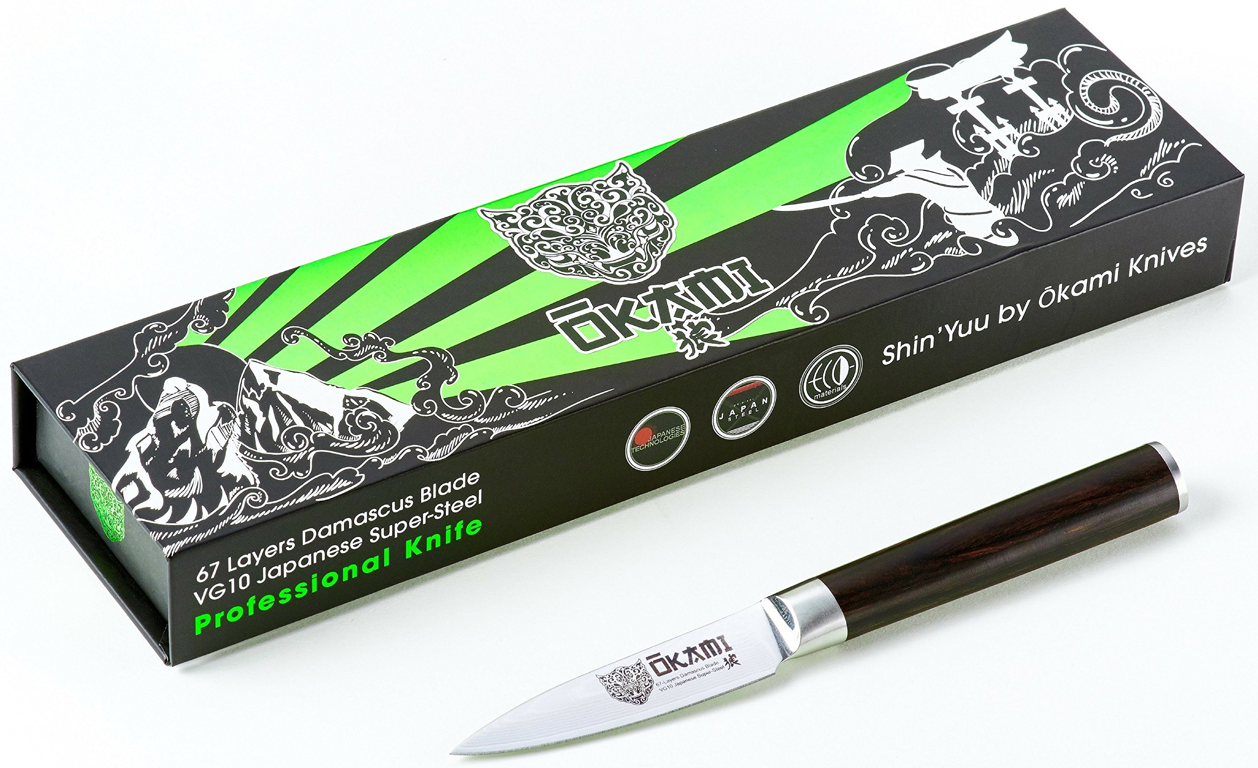 Paring Knife 3.5 inch by Okami Knives, Japanese VG10 Stainless Steel, Damascus Kitchen Blade
