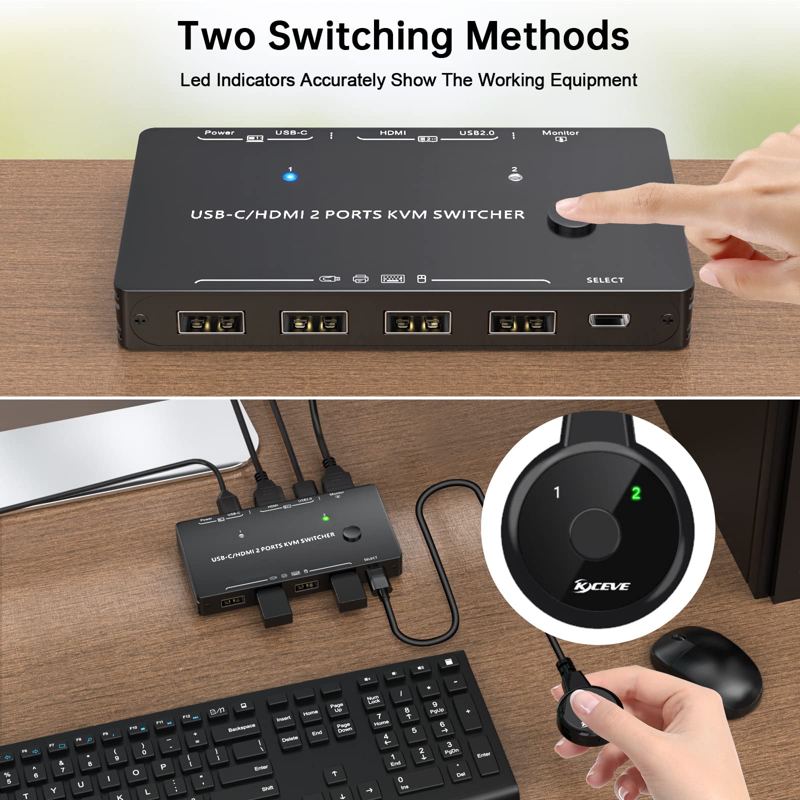 USB C+HDMI KVM Switch 4K@60Hz 2K@120Hz,Camgeet KVM Switch for 2 Computers Share 1 Monitor and 4 USB Devices,with 100 W Power Delivery,Wired Remote and 3 Cables Included