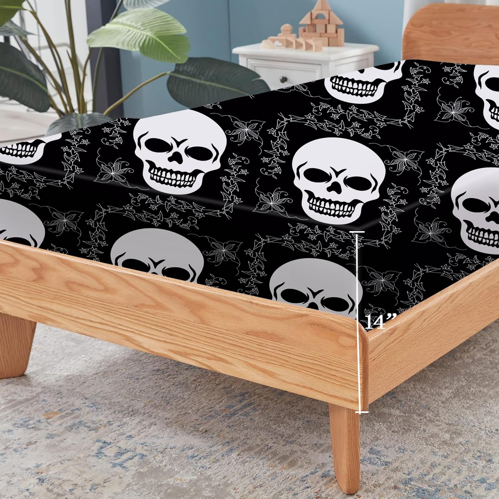 VTKON Skull Sheets Set Gothic Sheets Halloween Bed Sheets Full Black Skull Bedding Set for Kids Boys Women Goth Bedding Set with 1 Fitted Sheet + 1 Flat Sheet + 2 Pillowcases