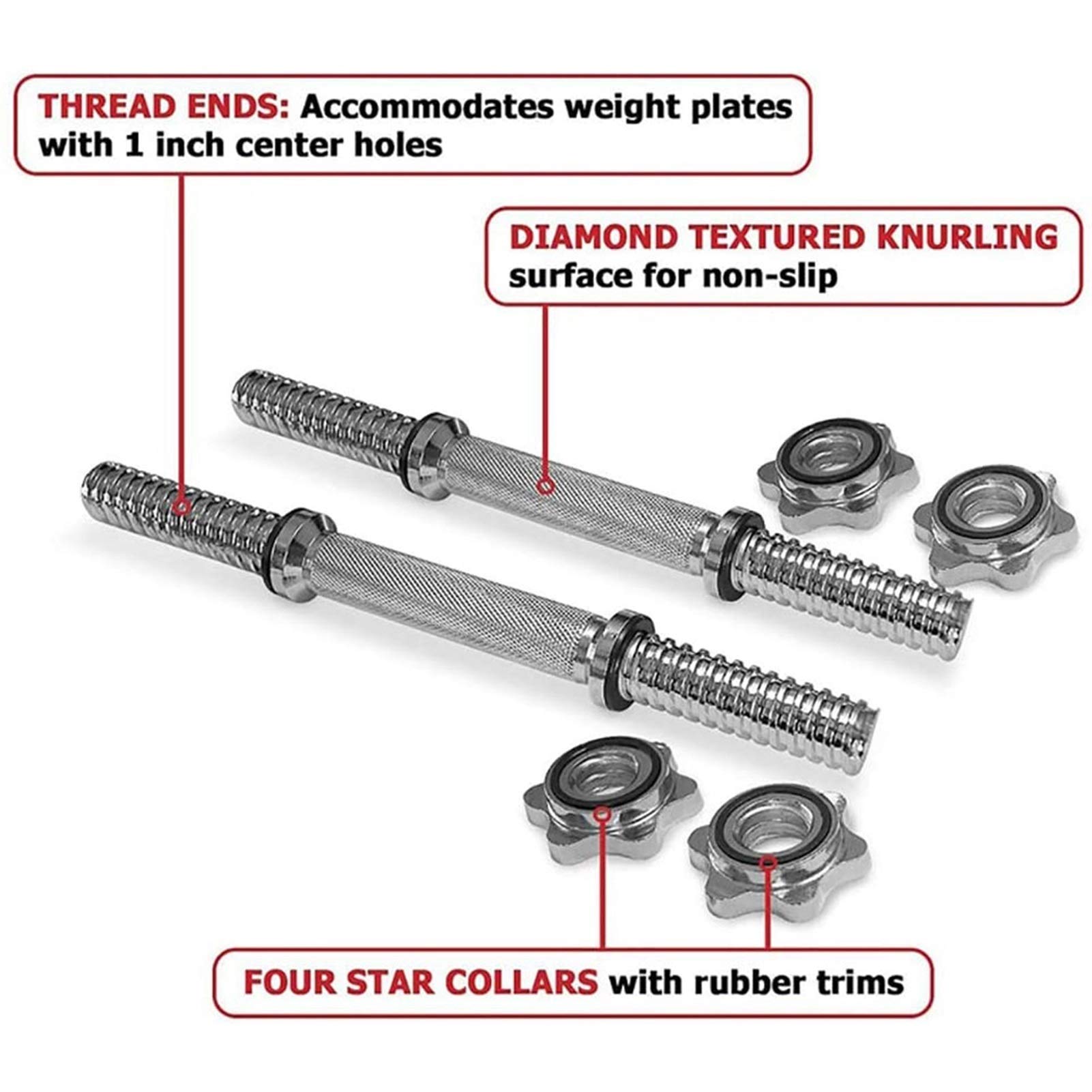 MQQ 2 Pcs 14" Dumbbell Handles, Adjustable Chrome Threaded Dumbbells Bar with Star Collars, for Sport Workout Fitness Barbell Strength Training Weight Accessories