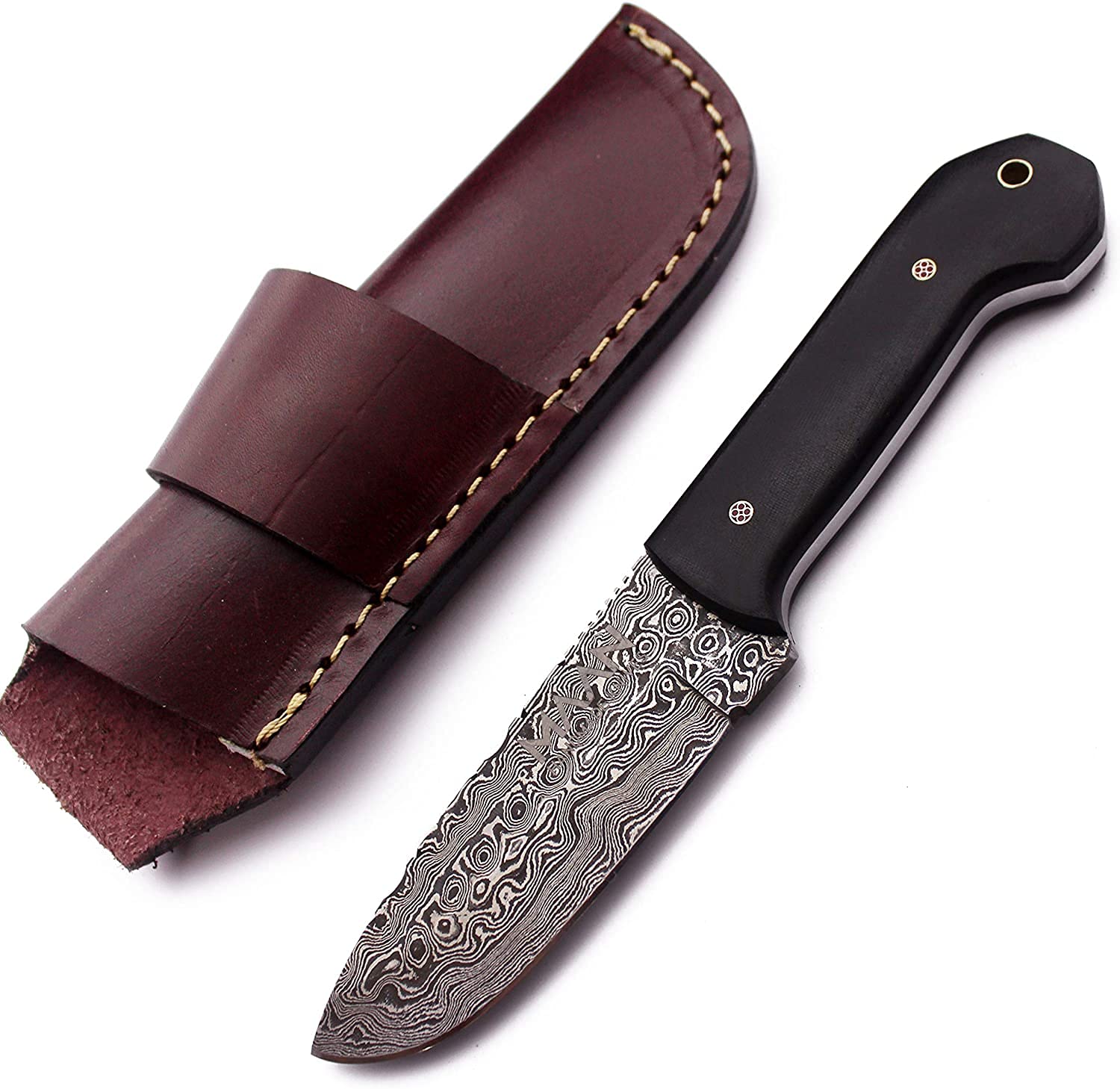 MAAN Handmade Damascus Steel Fixed Blade Knife - Micarta Handle for Survival, Tactical, and Camping - Hunting Knife with Right Hand Cross Draw Leather Sheath - MNK103