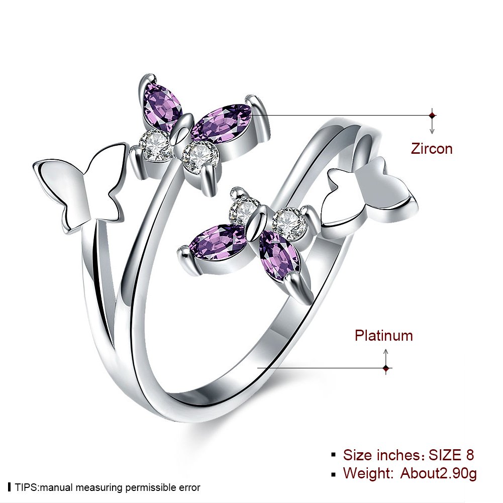 MAIHAO Women's Adjustable Size 925 Sterling Silver Butterfly White Birthstone CZ Butterfly Shape Purple Austrian Crystals Rings