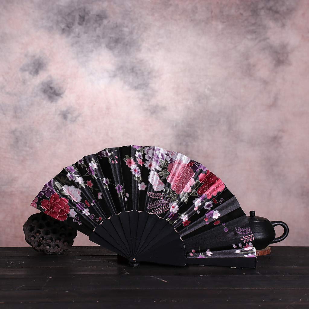 Party Dance Lace Fan Wedding Silk Hand Held Folding Flower Fans Window Fans with Exhaust And Intake (Black, One Size)