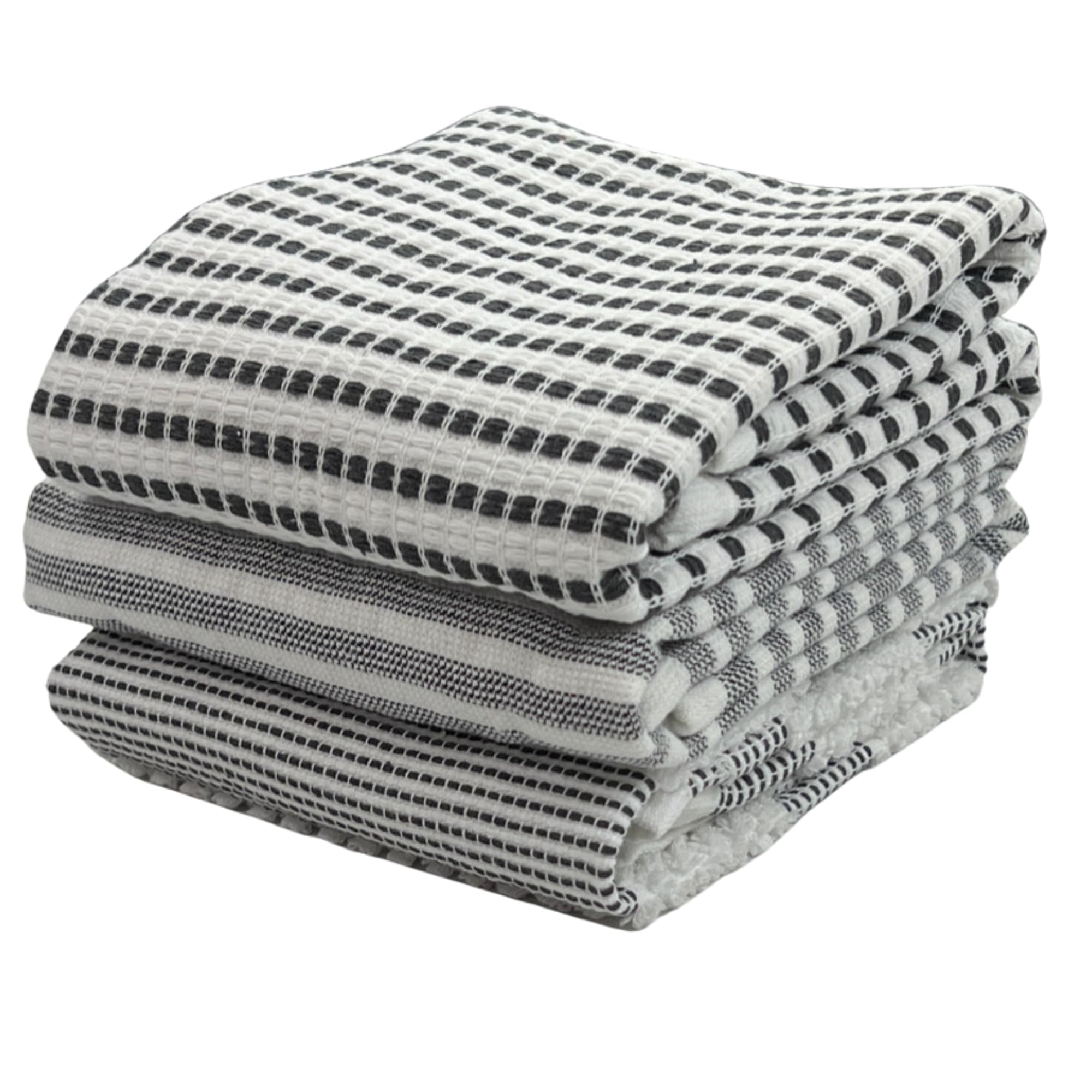 Oversized White Dark Gray Kitchen Towels: 100% Cotton Soft Absorbent Assortment Ribbed Terry Loop, Set of 3 Multipurpose for Everyday Use (Charcoal)