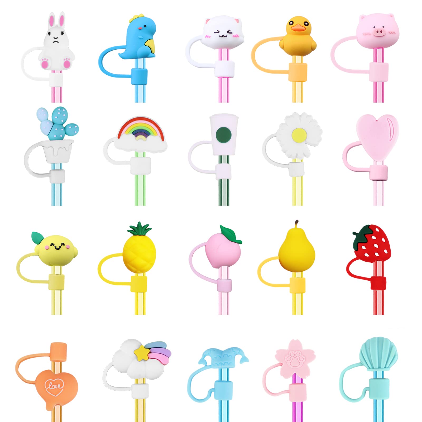 Straw Covers Cap,20PCS Straw Toppers for Tumblers,Reusable Animals Fruit Straw Tips Cover for Outdoor Home Kitchen Party Decor,Duck Dinosaur Sun Silicone Straw Cover