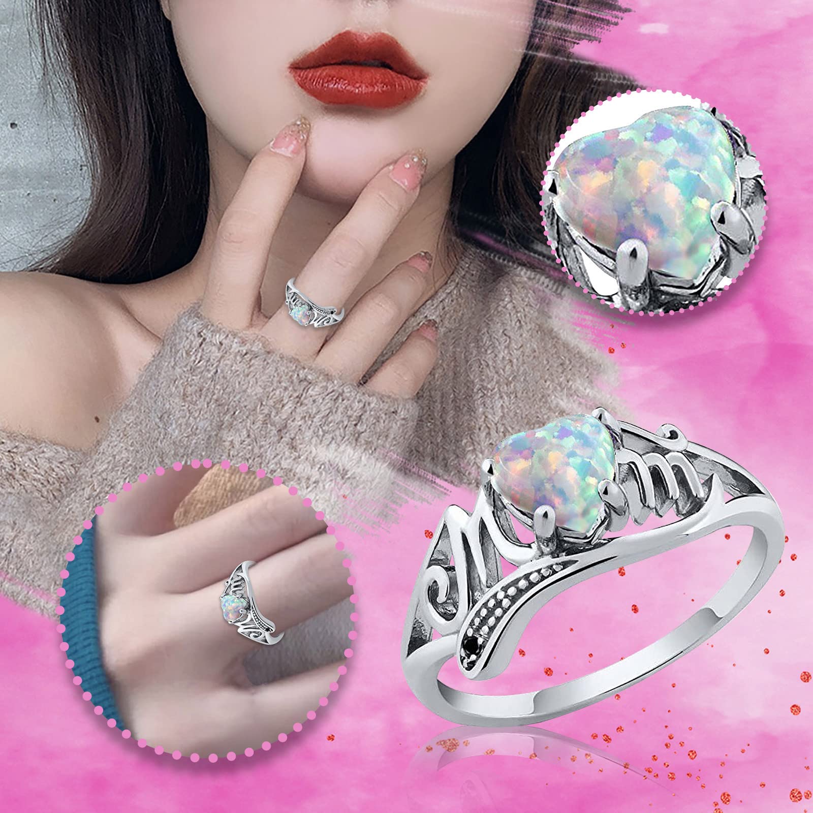 Mother Birthstone Ring Opal Heart Letter Ring Stainless Steel Diamond Ring Band Statement Ring Jewelry For Mom Grandmother