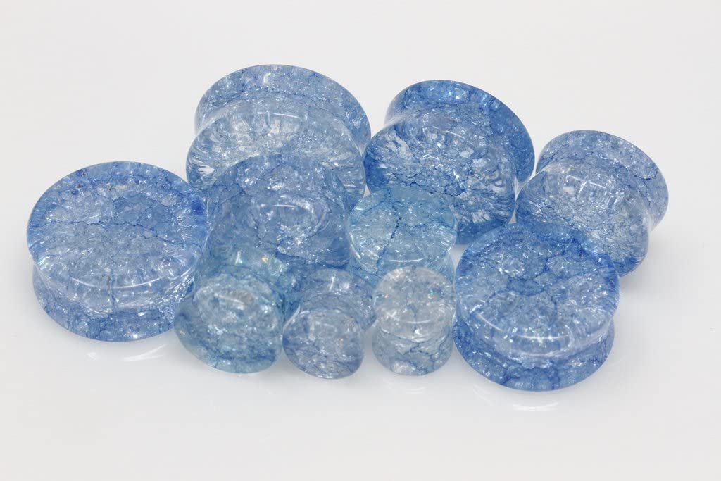 Pair 9/16" (14MM) BLUE SHATTERED GLASS PLUGS Double Flare Gauges Cracked Organic Tunnels (2pcs)