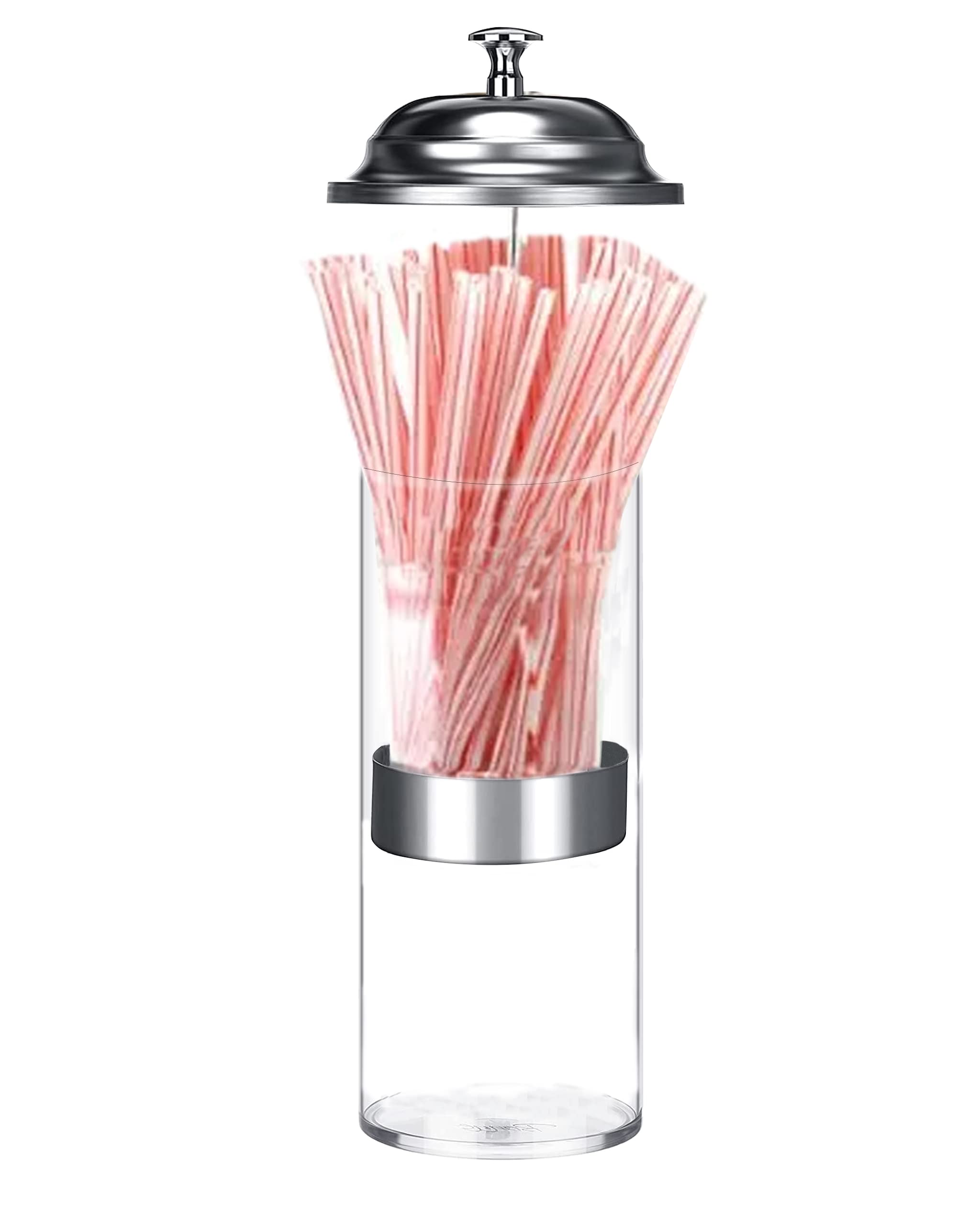 Straw Dispenser for Pencils with Stainless Steel Lid, Clear Acrylic Straw Holder, 100 Striped Plastic Straws