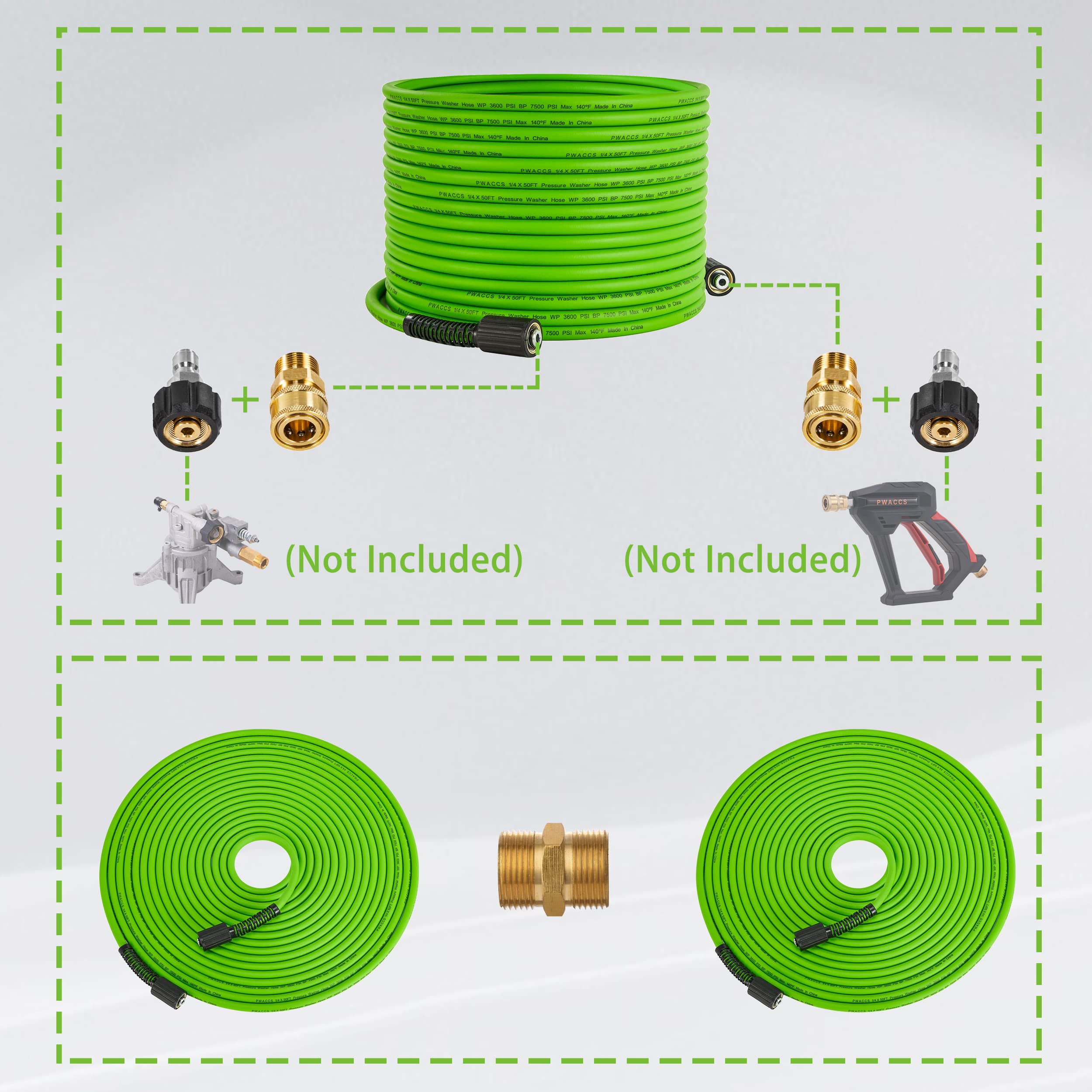PWACCS Pressure Washer Hose for Power Washer – 3600 PSI High Pressure Replacement Hose – 1/4" x 25 FT Flexible Power Washing Extension Hose