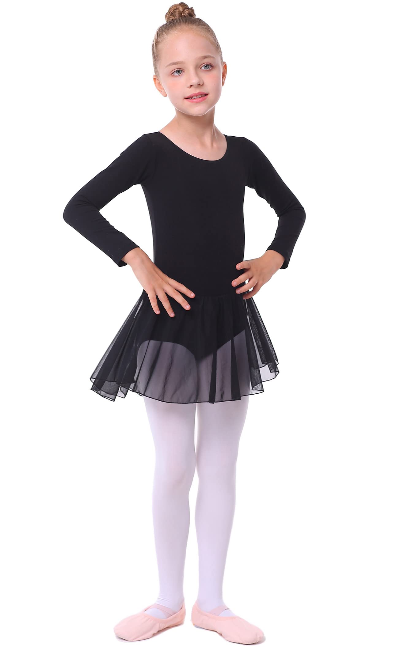 MdnMd Long Sleeve Dance Leotard Ballet Dress Clothes for Ballerina Girls (Age 6-8, Black)