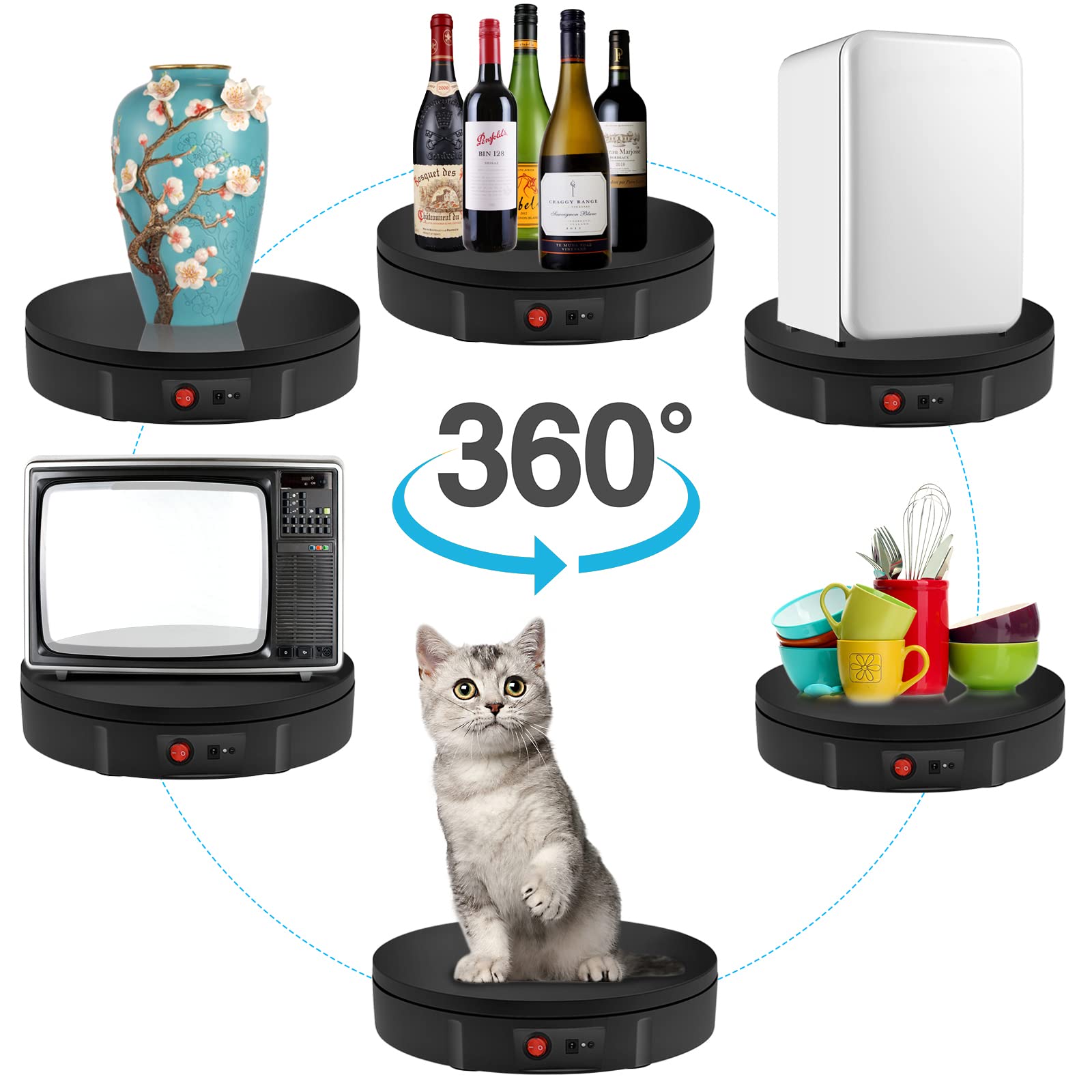 PUOSUO 360 Degree Electric Rotating Turntable, 11.8inch / 220Lbs Load,Motorized Rotating Display Stand, For Photography Products Display,Live Video Show,Remote Control Angle, Speed (Black)