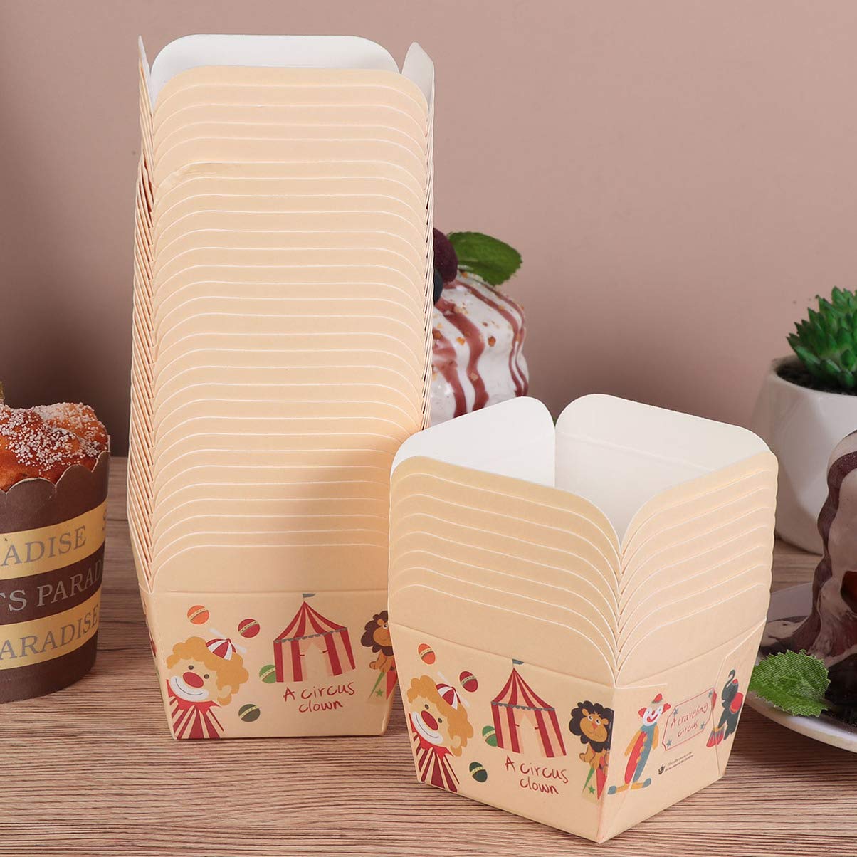 TOYANDONA 100pcs Paper Baking Cup Small Square Cake Wrappers Cupcake Liners Desserts Holders Muffin Cases for Weddings Birthdays Baby Shower (Cartoon Circus)