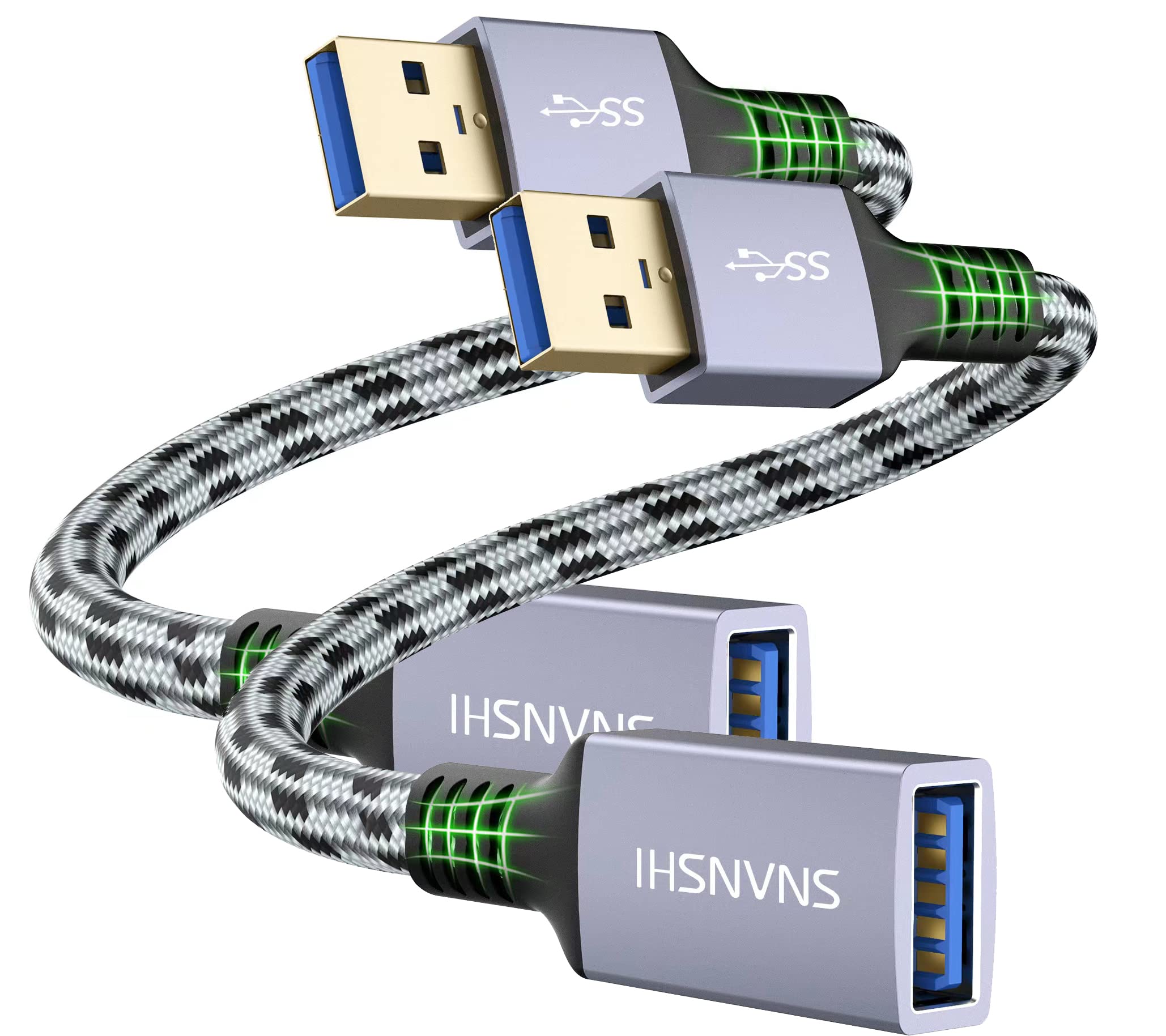 SNANSHI USB Extension Cable 1 ft Short USB 3.0 Extension Cable [Aluminum Shell, Nylon Braided] USB Extension Heavy Duty USB Extension Cord USB Male to Female Short USB Extender - 2PACK