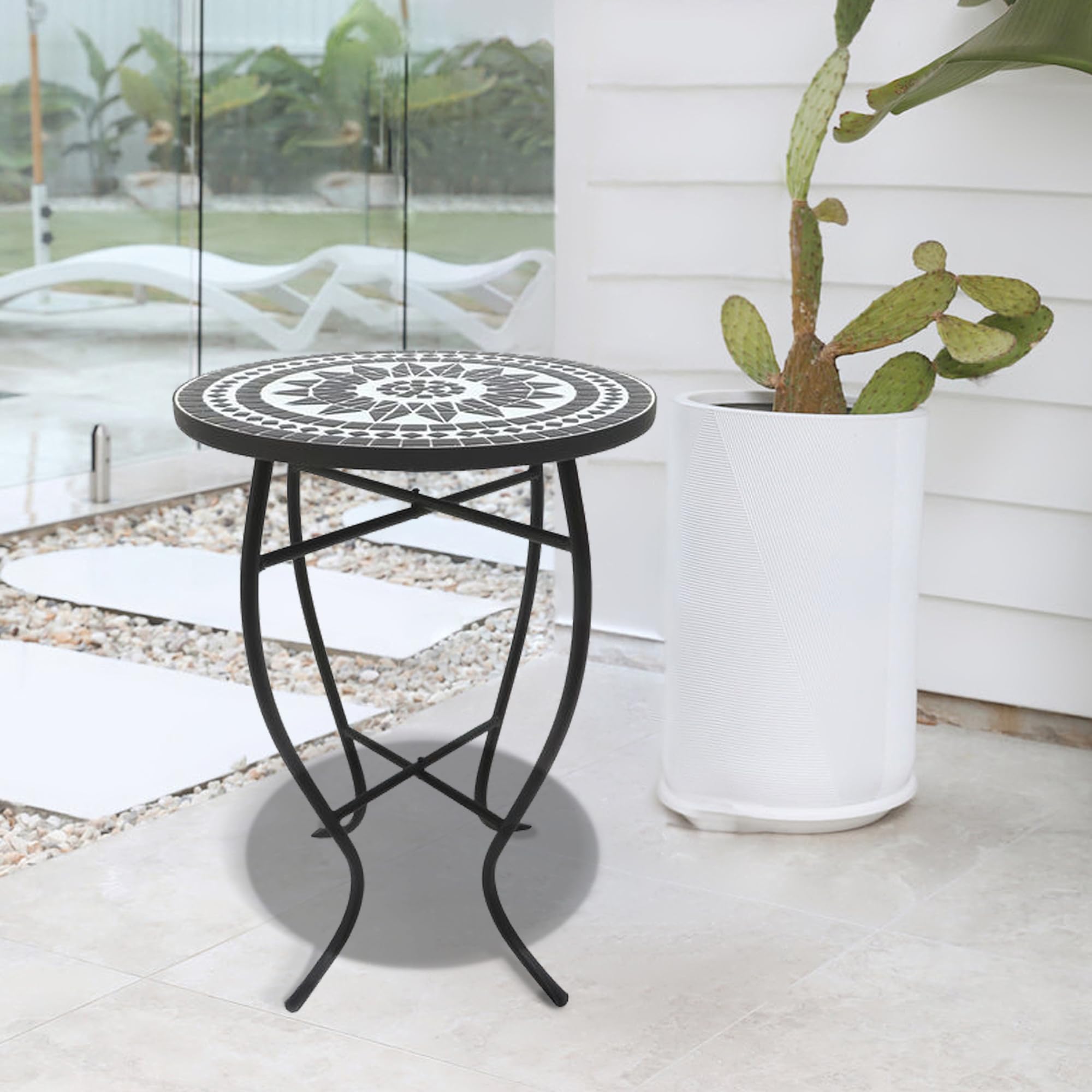 MOOOTTO Outdoor Side Table Mosaic 14 Inch Round Accent Table Plant Stand with Concrete Tile Top Patio End Table, Indoor and Outdoor Accent Table (Dark Blue)