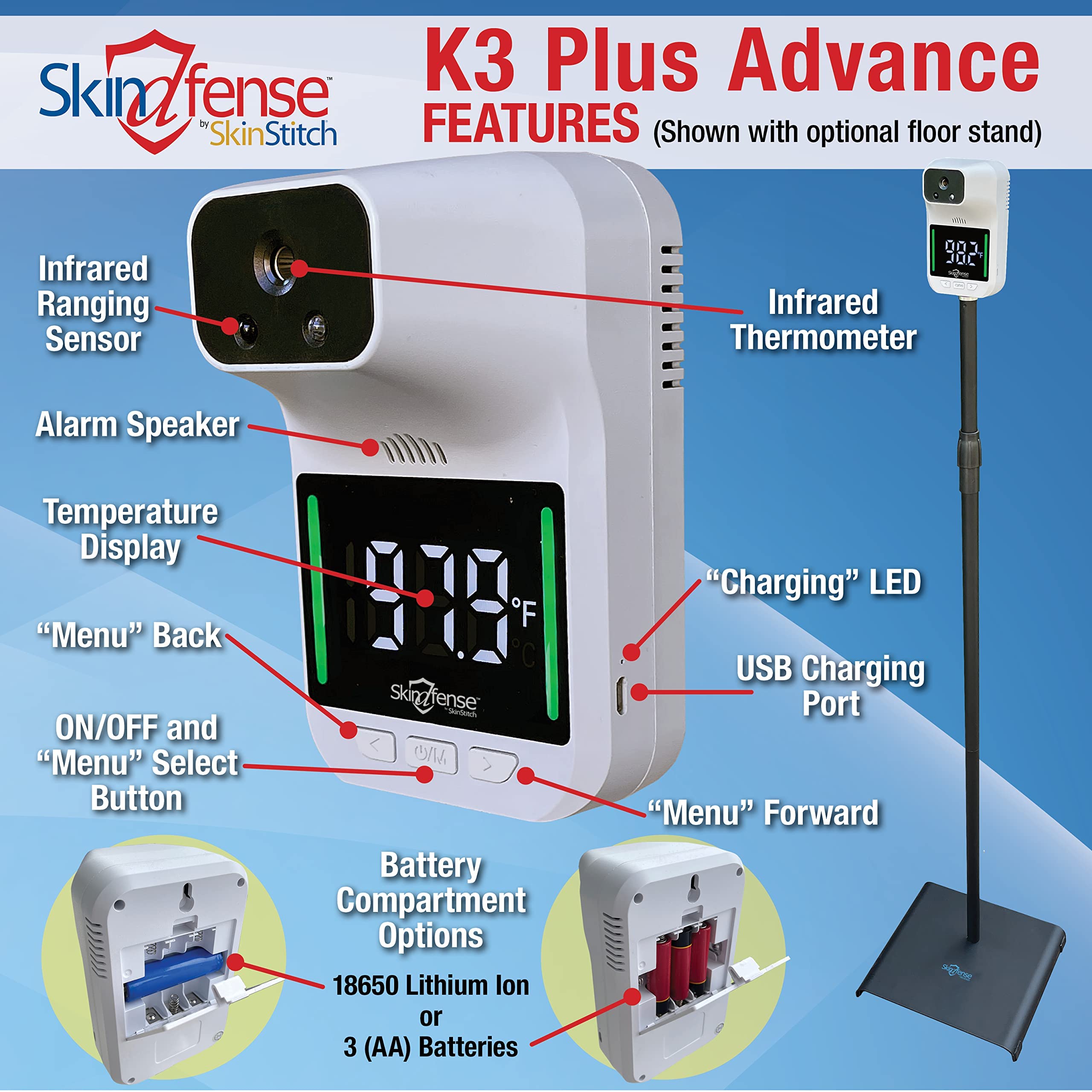 SkinDfense K3 Plus Advance Automatic Temperature Monitor β Infrared Machine with Floor Stand β Non Contact Digital Forehead Scanner System for Adults & Children