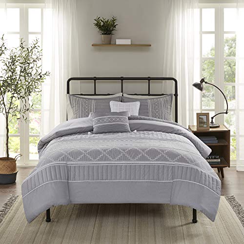 Madison Park Comforter Set, Embroidered Textured Heatherd Print All Season Down Alternative Cozy Bedding with Matching Shams, Decorative Pillow, King (104 in x 92 in), Kailee, Embroidery Grey 5 Piece