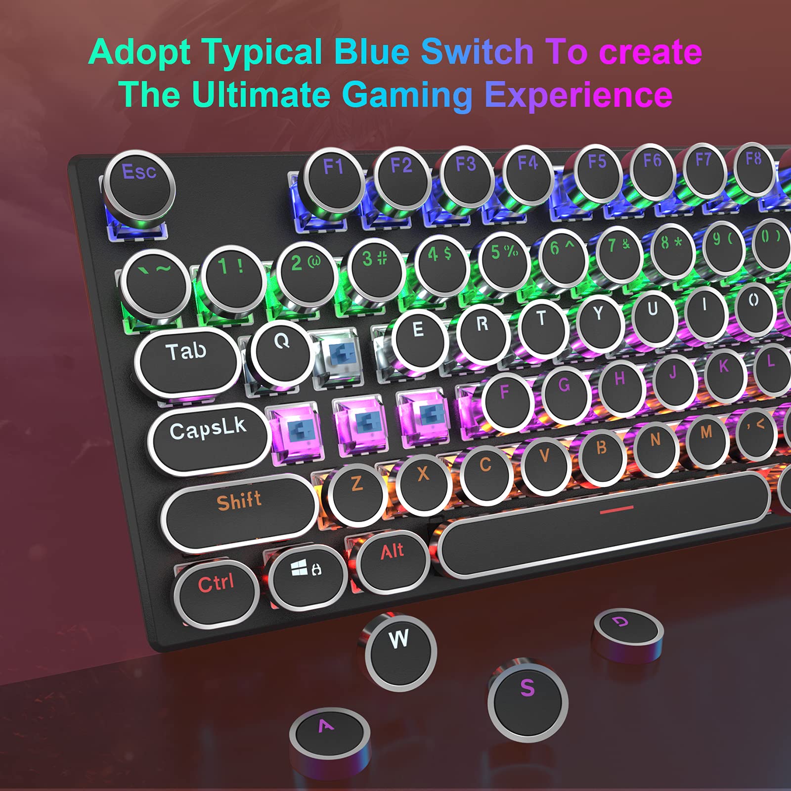 Mechanical Gaming Keyboard, Geeklin Rainbow LED Backlit Gaming Keyboard,USB Wired Mechanical Keyboard with Blue Switches for Desktop, Computer, PC(108 Keys, US Layout)