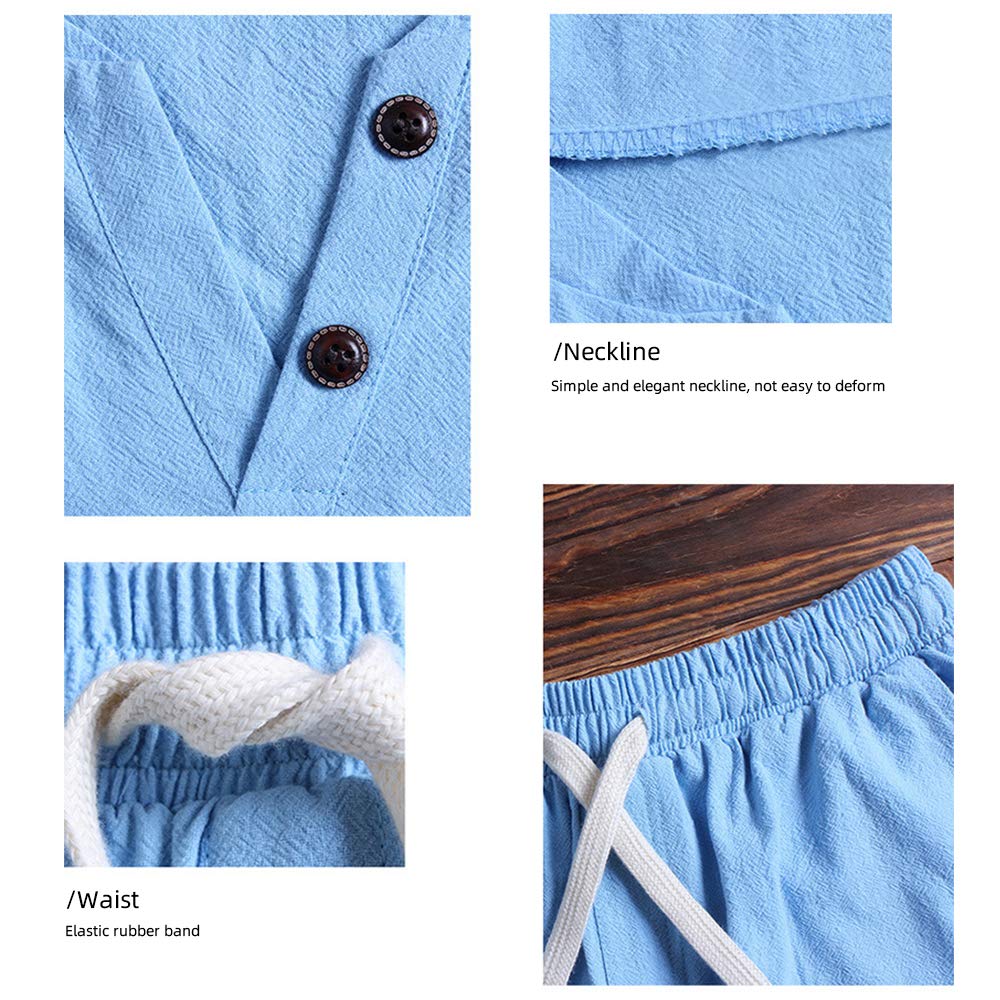 MANTORS Men's Linen tracksuit 2 Pieces Summer Beach Sets for Short Sleeve Shirt and Shorts Suit 17Light Blue-L
