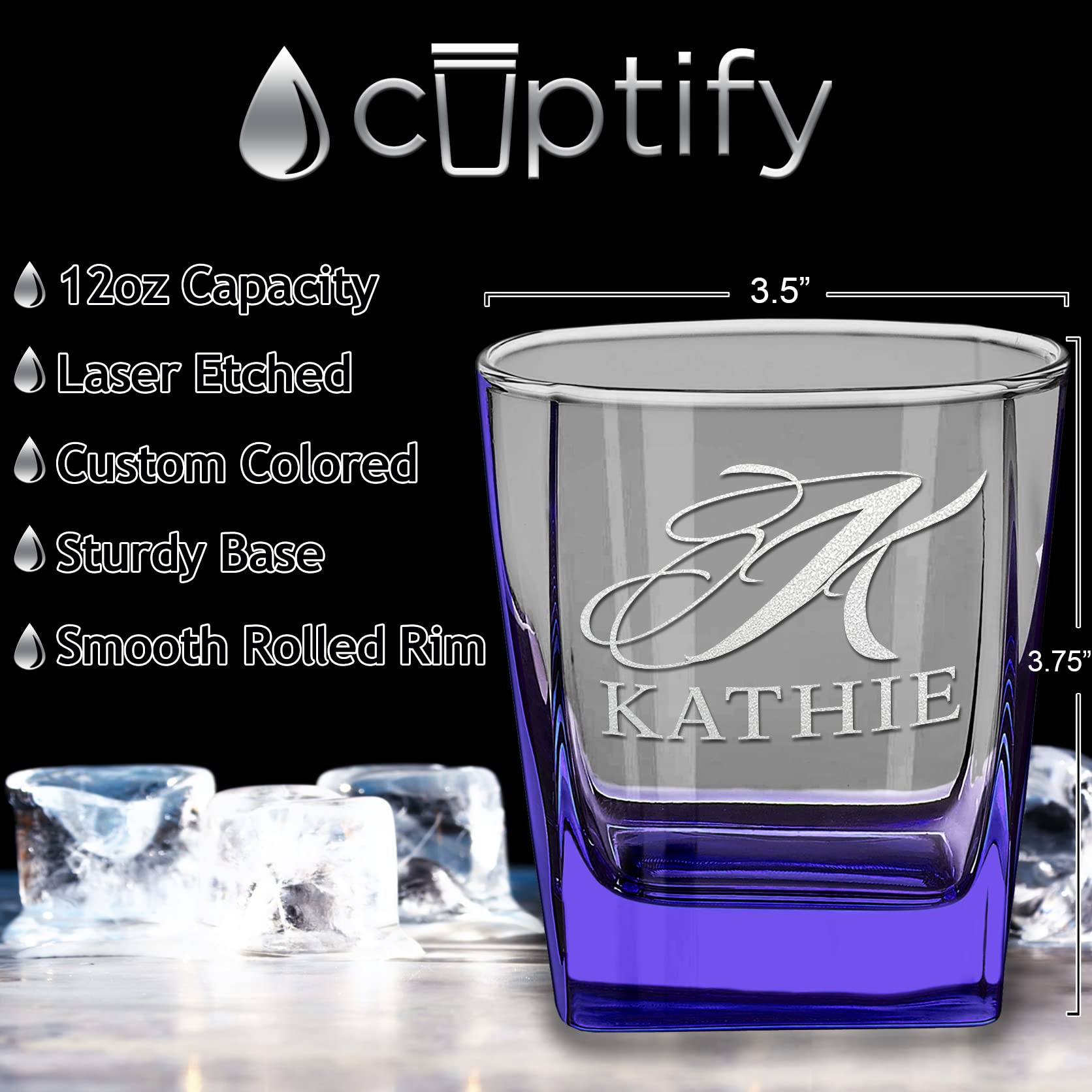 Personalized Whiskey Glass for Men Script Initial and Name 12 oz Purple Bottom Etched Double Old Fashioned Rocks Cocktail Bourbon Glass Custom Gift