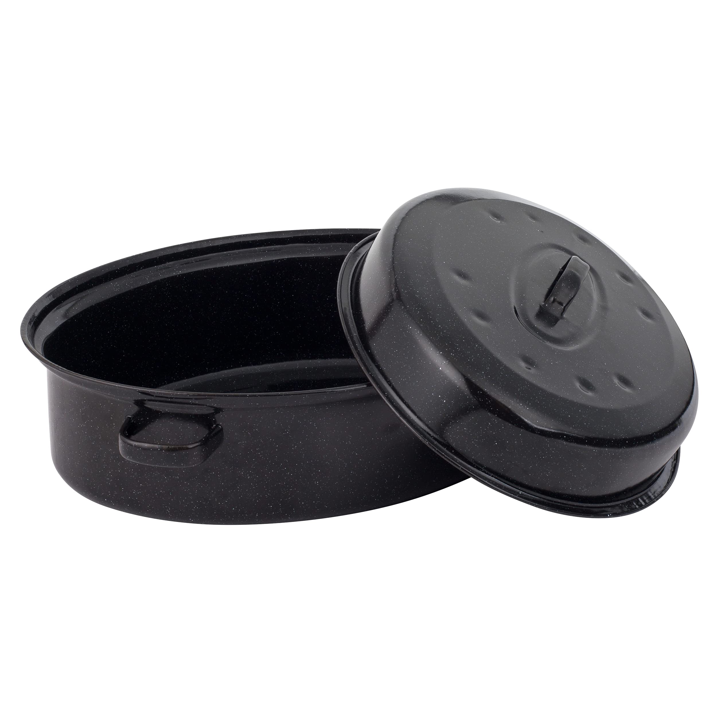 Russell Hobbs BW07215AMZ Romano Self-Basting Casserole Roasting Dish with Lid, Easy Clean Vitreous Enamel Steel Coating, 38 cm, Oven Roaster Tin, Dishwasher Safe, Black