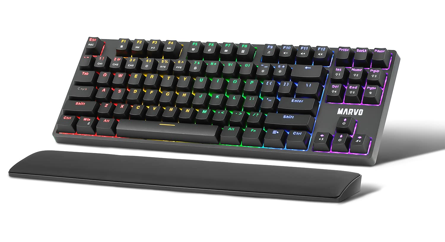Mechanical Gaming Keyboard, MARVO Gaming Keyboard with Adjustable RGB Backlighting, PBT Keycaps, Spill-Resistant Design,Leather Wrist Rest. Gaming Keyboard for Desktop, Computer, PC