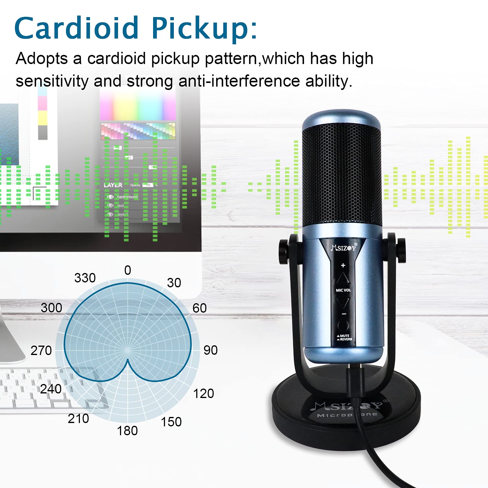 MSIZOY Professional USB Condenser Microphone, Plug and Play Cardioid Mic for PC,Laptop,Mobile Phone,Compatible with Windows,Mac OS,Chrome and Linux,Ideal for Podcast,Vocal,Singing,Recording,etc(Blue)