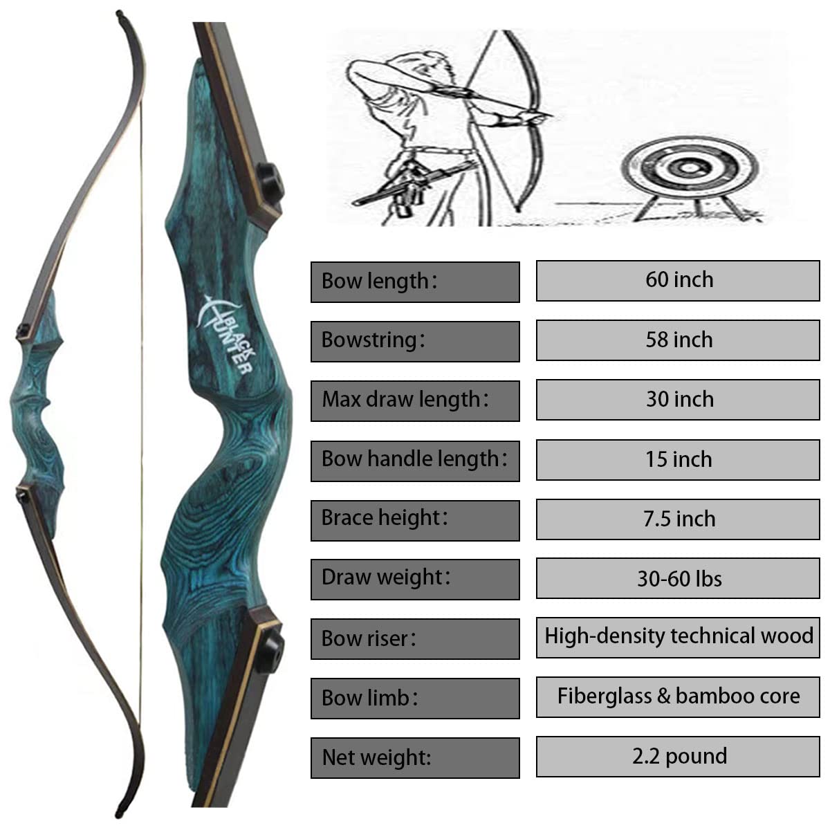 Monleap Recurve Bow and Arrows for Adults 60" Archery Set Right Hand Longbow 30-60lb Wood Riser Takedown Bow Arrow Quiver for Beginner to Intermediate Shooting Hunting(40LB)