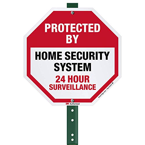 SmartSign 10 x 10 inch âProtected By Home Security System - 24 Hour Surveillanceâ Yard Sign with 3 foot Stake, 40 mil Aluminum 3M Laminated Engineer Grade Reflective, Red, Black and White, Set of 1