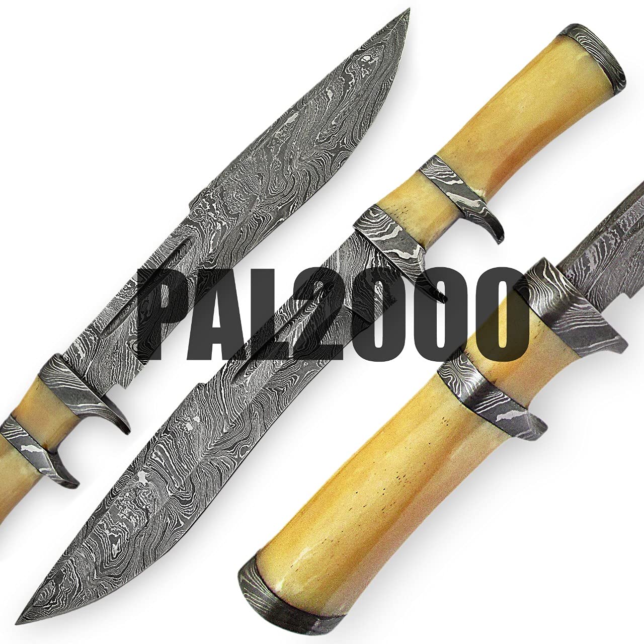 PAL 2000 KNIVES HUN-9969 Handmade Damascus Steel Fixed Blade Hunting 13 Inch Knife Camel Bone Handle