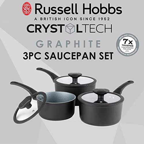 Russell Hobbs RH02131EU7 Saucepan Set, 3 Piece Non-Stick Induction Pans with Lids, 16/18/20cm, Tall Body for Larger Capacity Batch Cooking, Use Little or No Oil, Crystaltech Graphite Collection