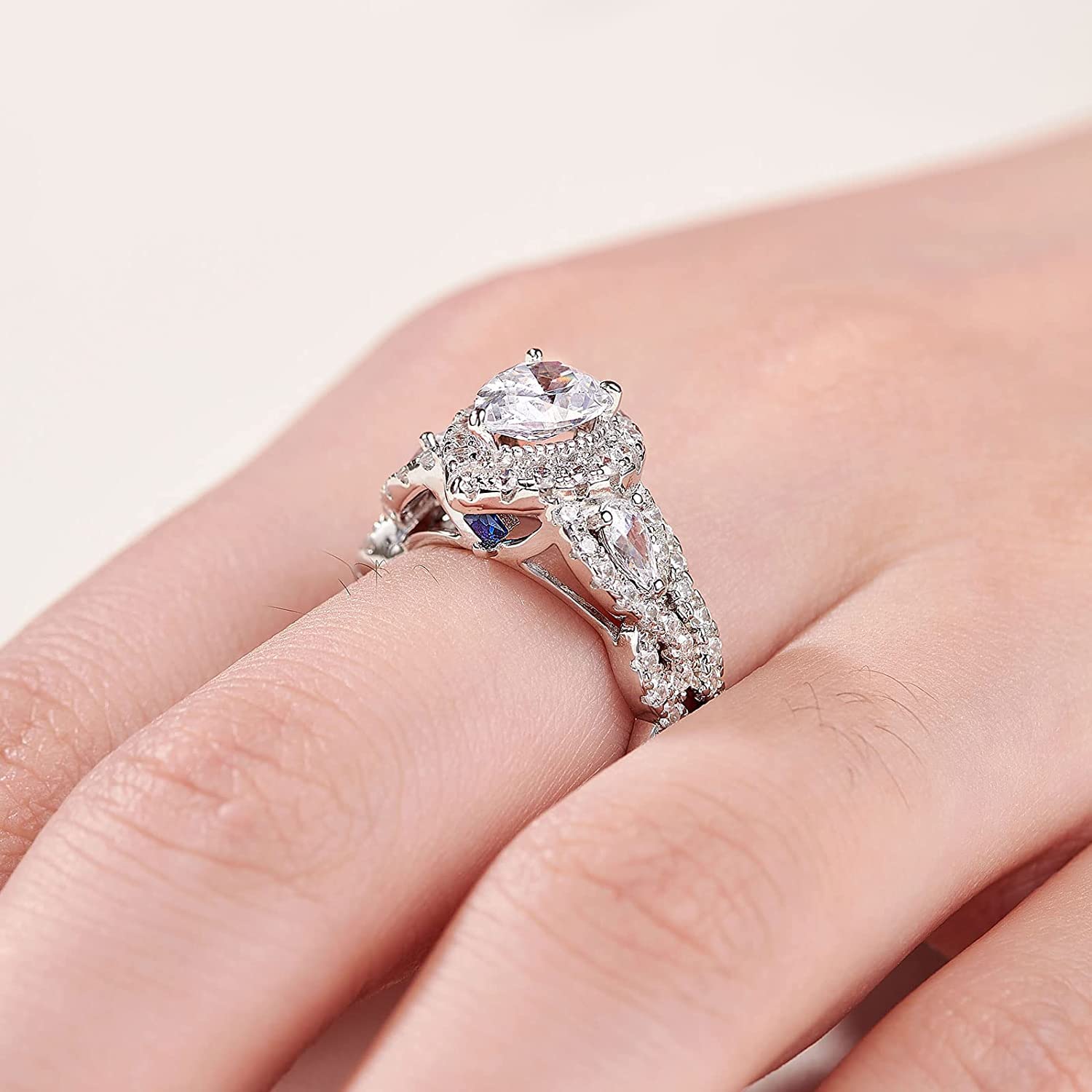 Newshe Jewellery Engagement Wedding Ring Set For Women AAAAA Cz 925 Sterling Silver 2.5ct Pear Shape White Size 7