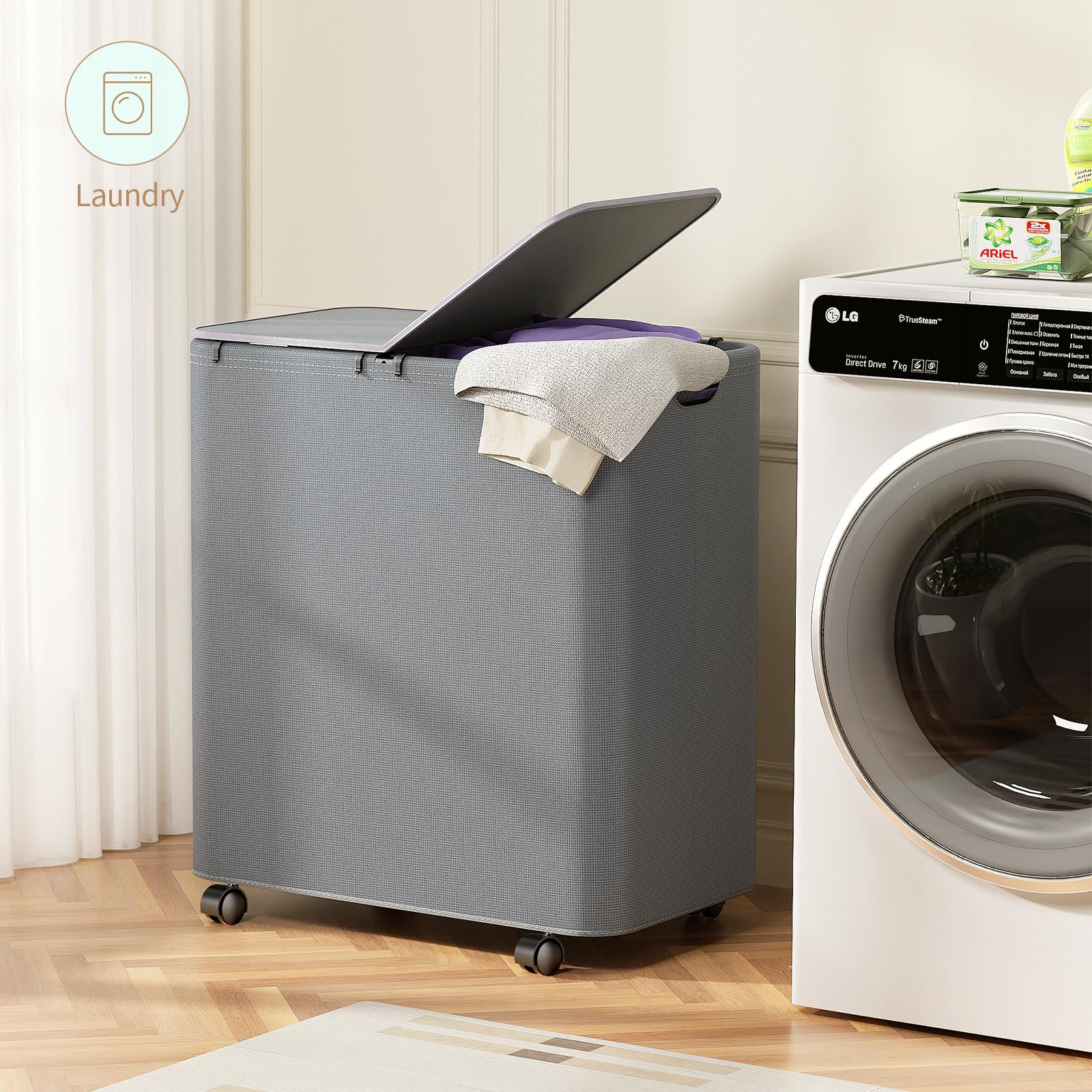 Yecaye 150L Laundry Hamper with Wheels, Rolling Laundry Basket with Lid and 2 Removable Laundry Bag, Large Capacity Clothes Hampers for Laundry, Bedroom, Bathroom, Dorm, Laundry Room, Grey