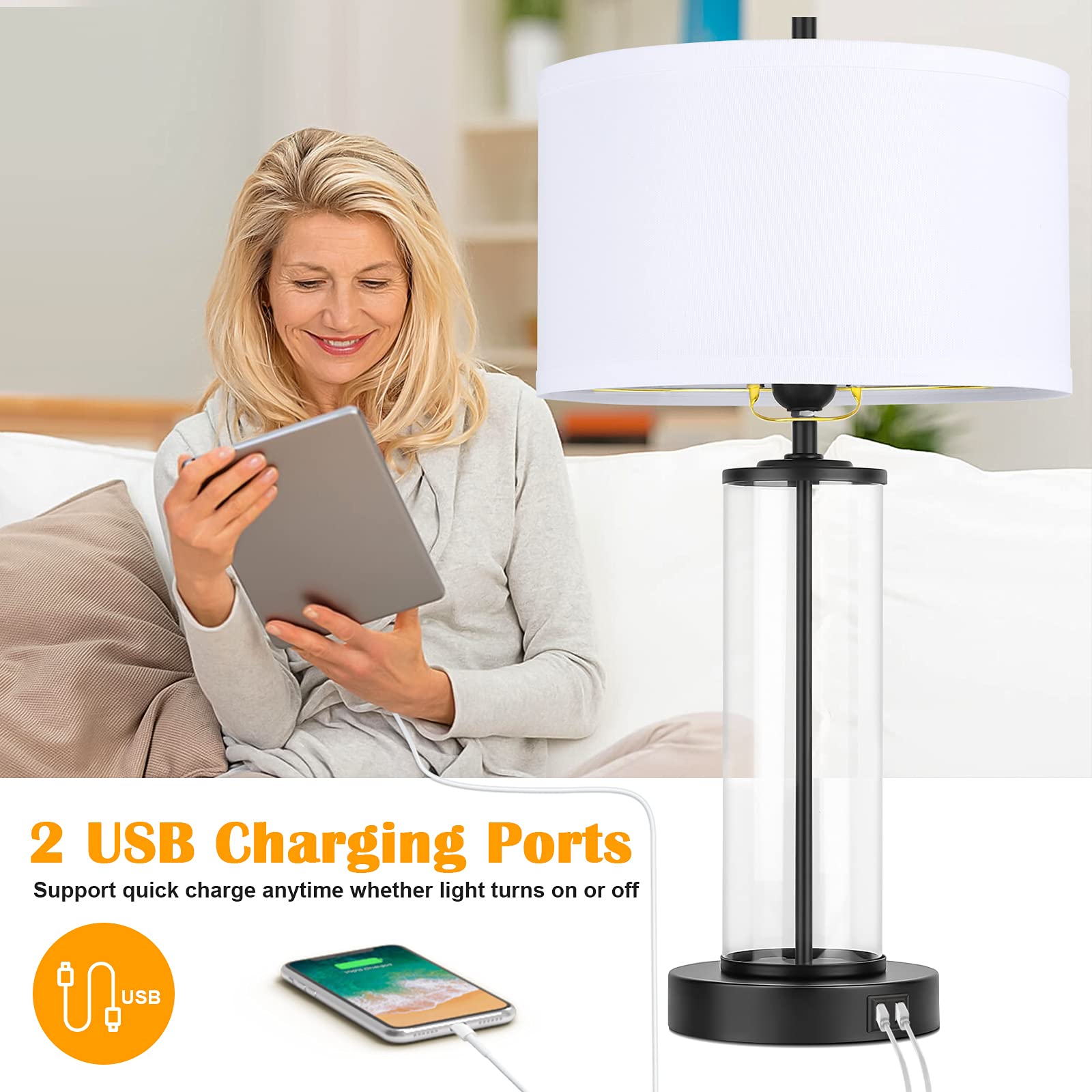 Modern Touch Control Dimmable Table Lamps with 2 USB Ports for Living Room Set of 2, 3-Way Dimmable Bedside Lamps with White Fabric Drum Shades for Reading Bedroom Nightstand Hotel, LED Bulbs Included