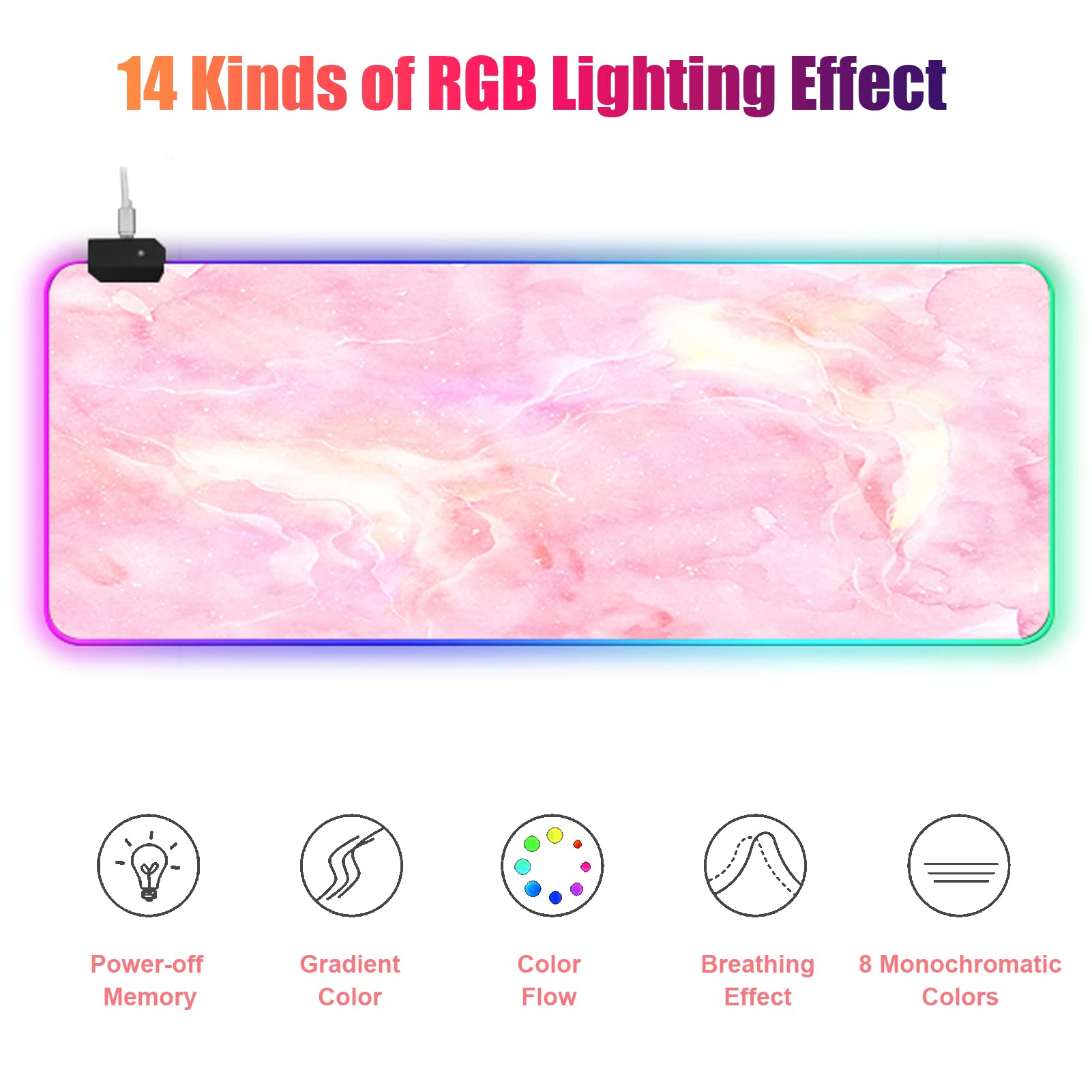 RGB Large Gaming Mouse Pad, Extended Mouse Pad with 14 Lighting Modes, Superior Micro-Weave Cloth, Non-Slip Base, 800 x 300mm / 31.5 × 11.8 in (Pink Marble)