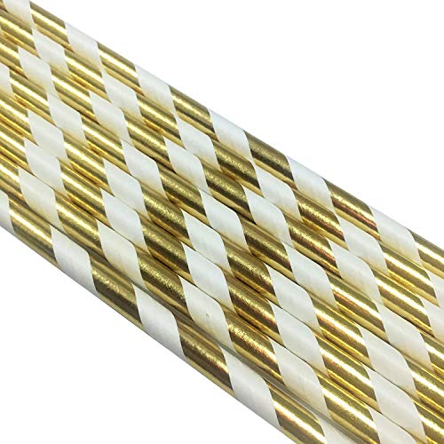 Shining Gold Striped Paper Straws, 100Percent Biodegradable Decorate Straws, Premium Cocktails Straws for Drinking, Juice, Smoothie Packed 100, 6x197mm